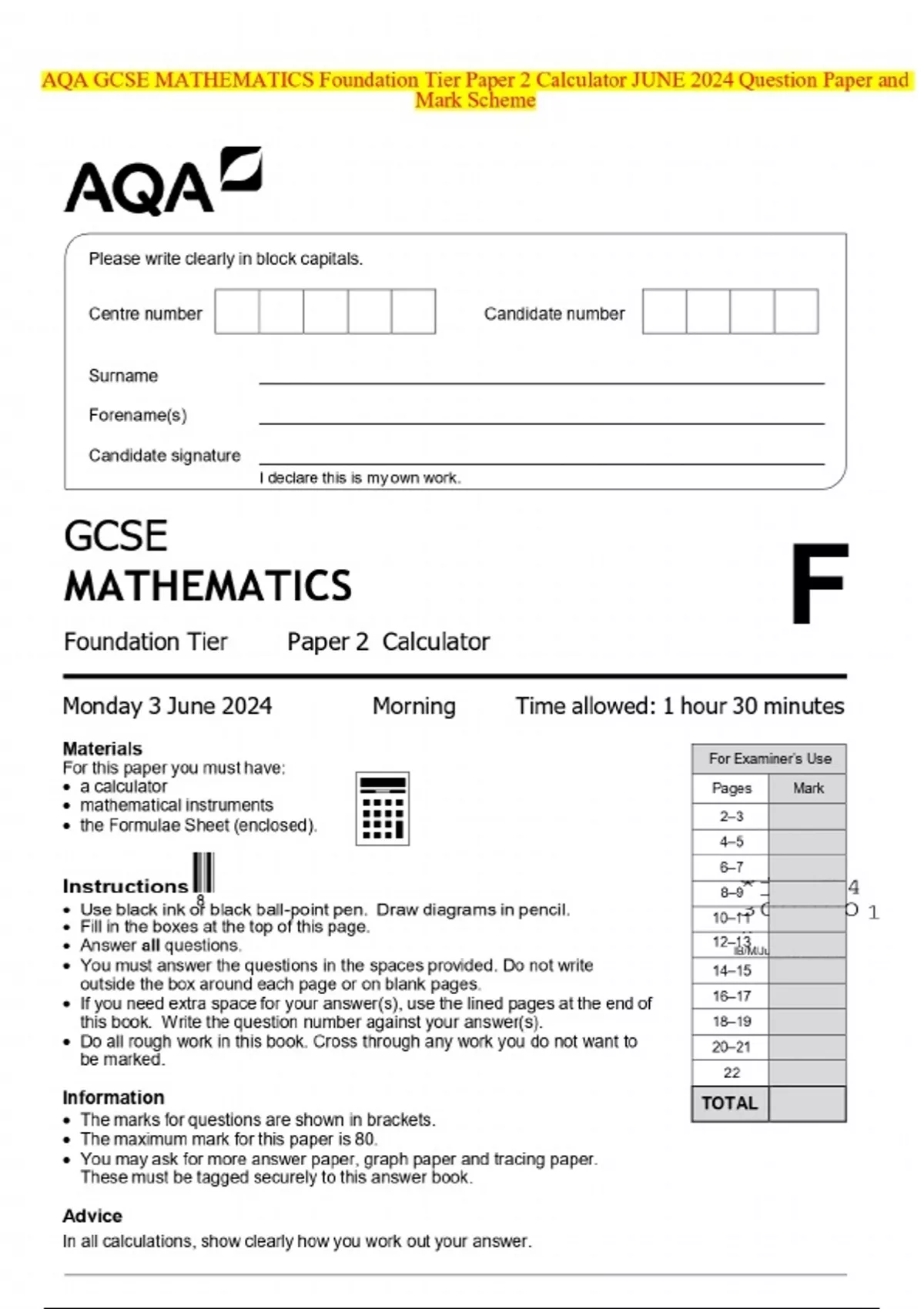 AQA GCSE MATHEMATICS Foundation Tier Paper 2 Calculator JUNE 2024 ...