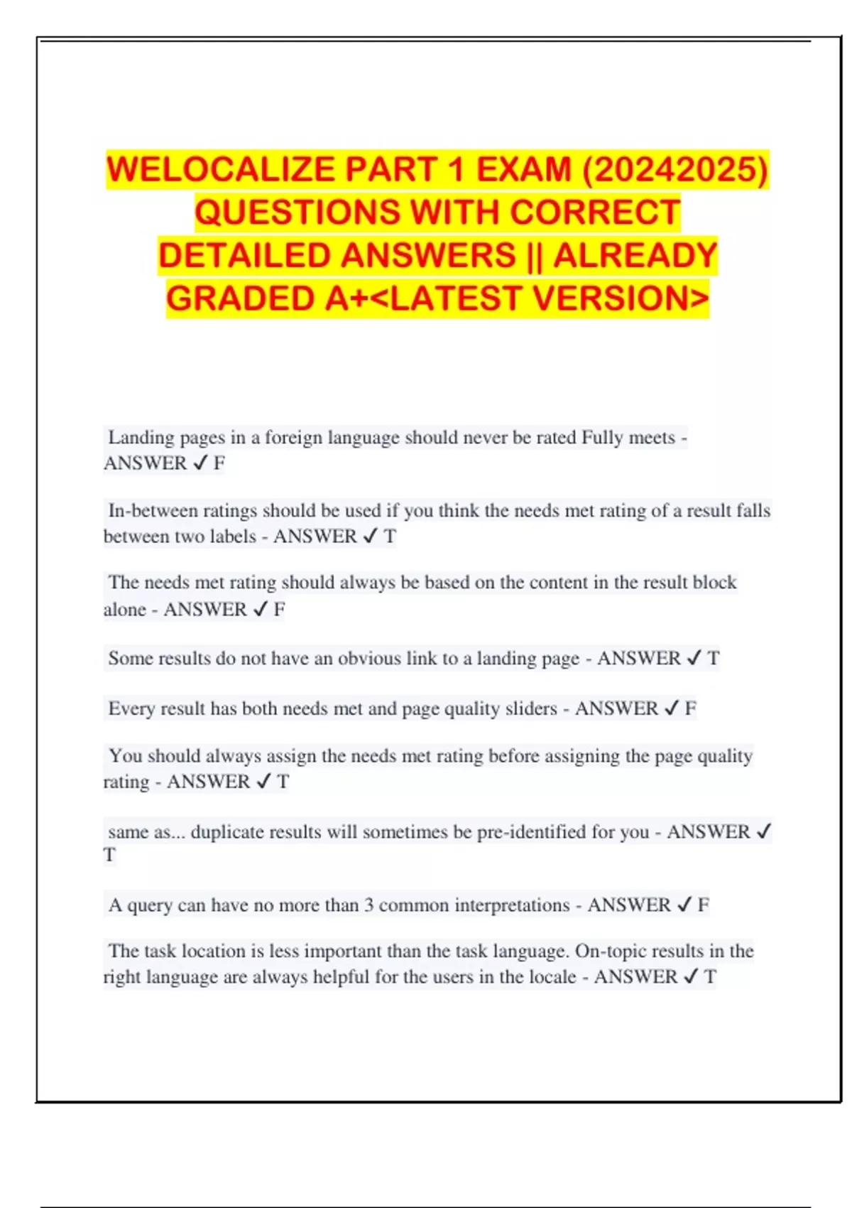 WELOCALIZE PART 1 EXAM () QUESTIONS WITH CORRECT DETAILED ANSWERS ...