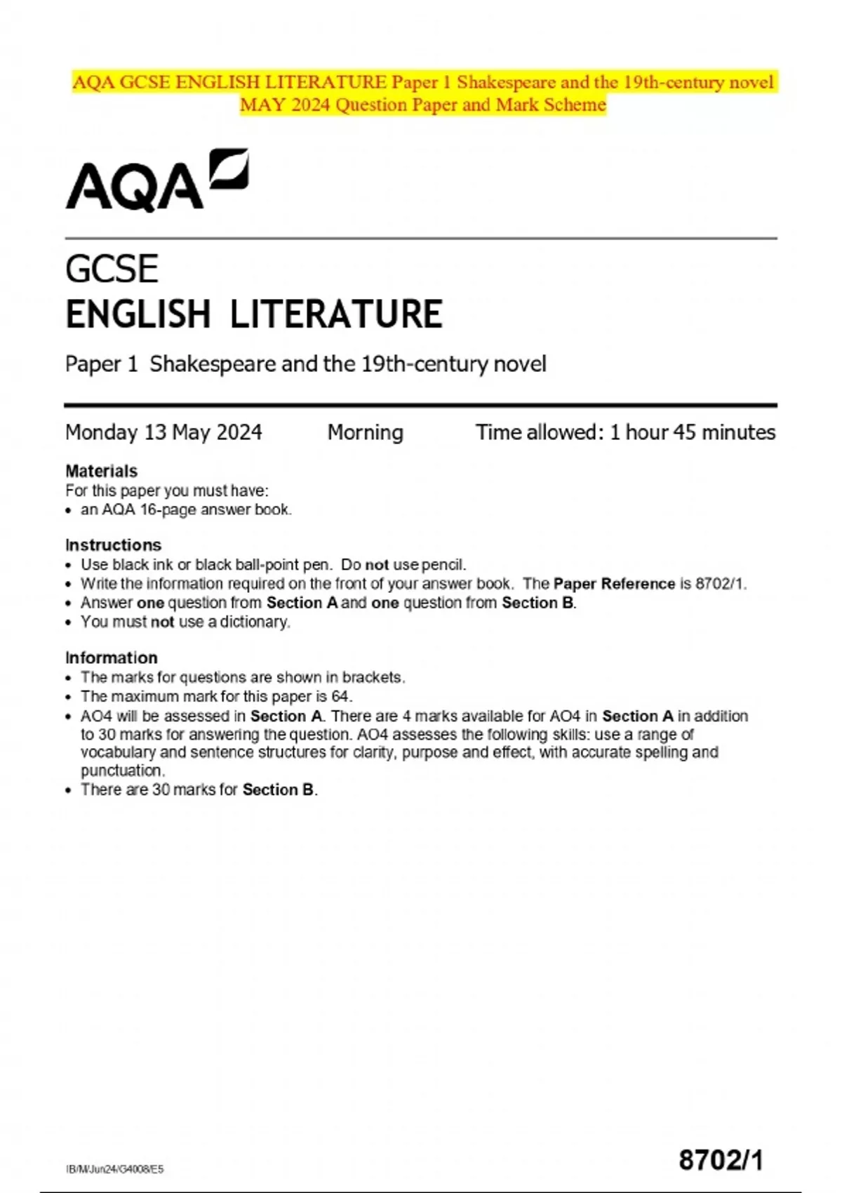 AQA GCSE ENGLISH LITERATURE Paper 1 Shakespeare and the 19th-century ...