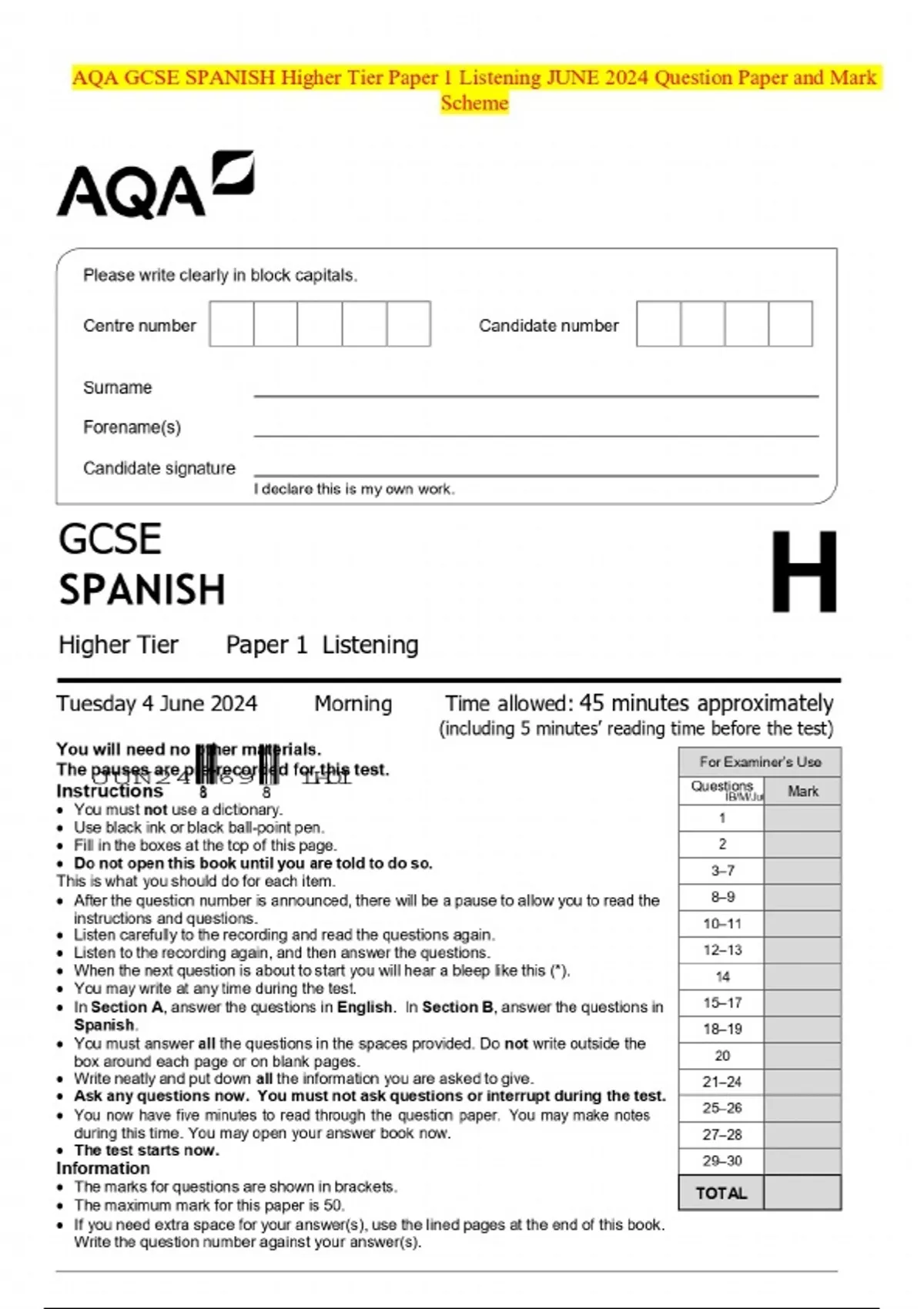 AQA GCSE SPANISH Higher Tier Paper 1 Listening JUNE 2024 Question Paper ...