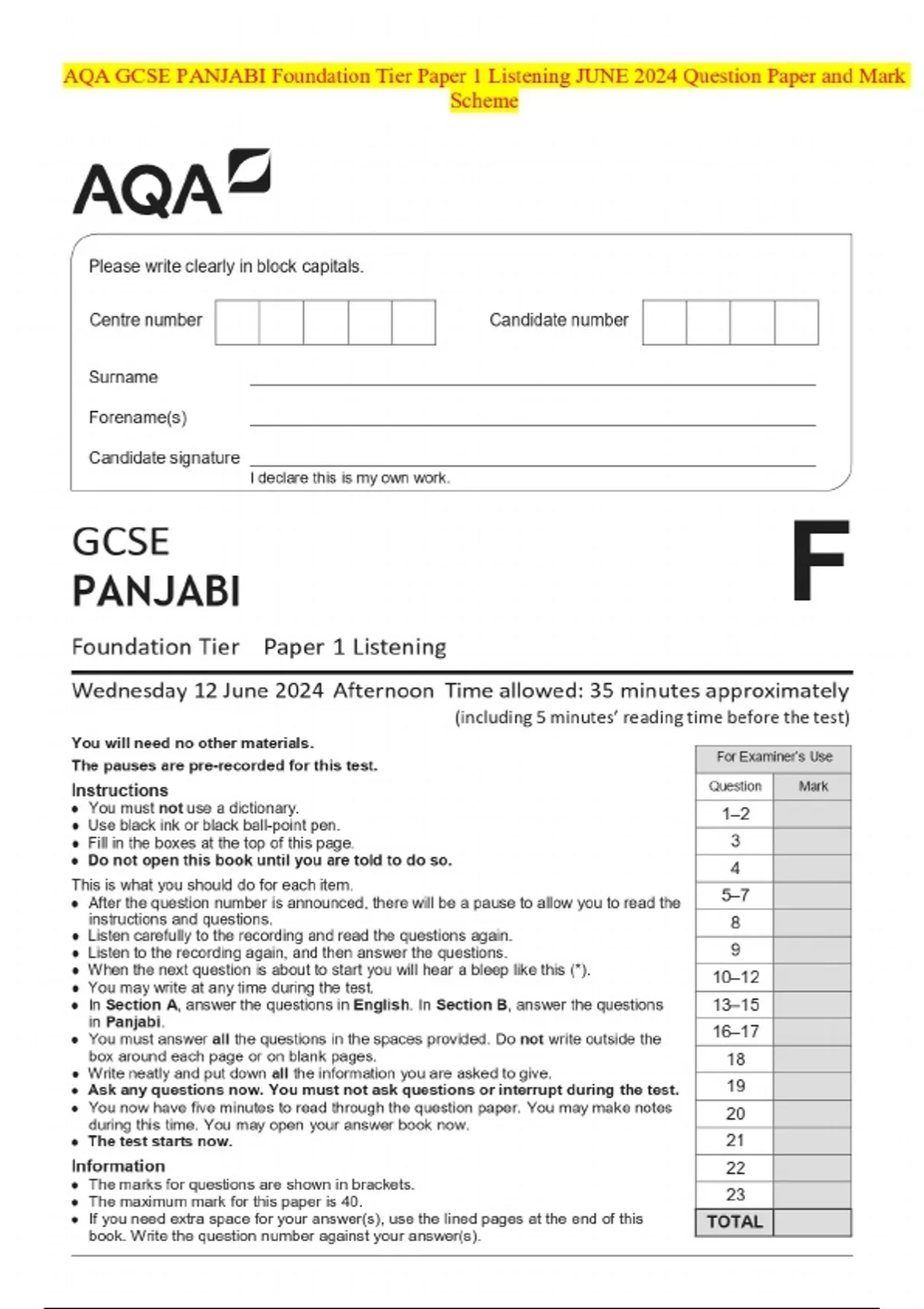 AQA GCSE PANJABI Foundation Tier Paper 1 Listening JUNE 2024 Question ...