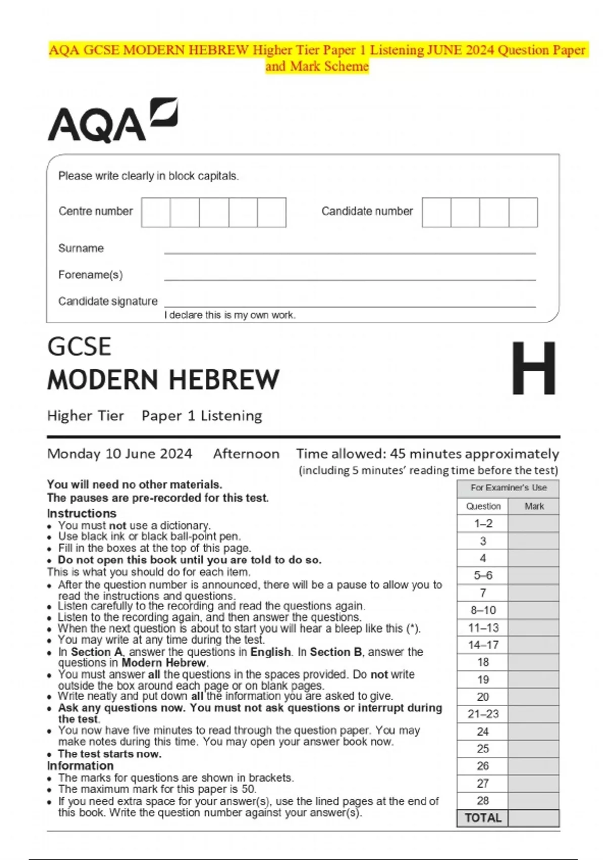 AQA GCSE MODERN HEBREW Higher Tier Paper 1 Listening JUNE 2024 Question ...