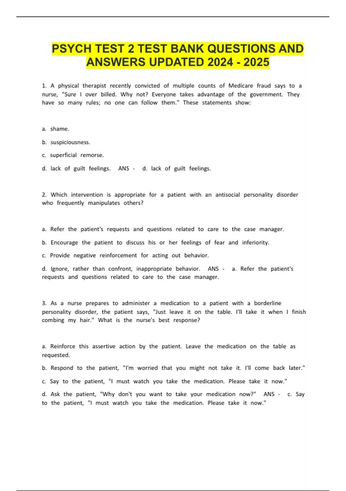 PSYCH TEST 2 TEST BANK QUESTIONS AND ANSWERS UPDATED - Psychology ...