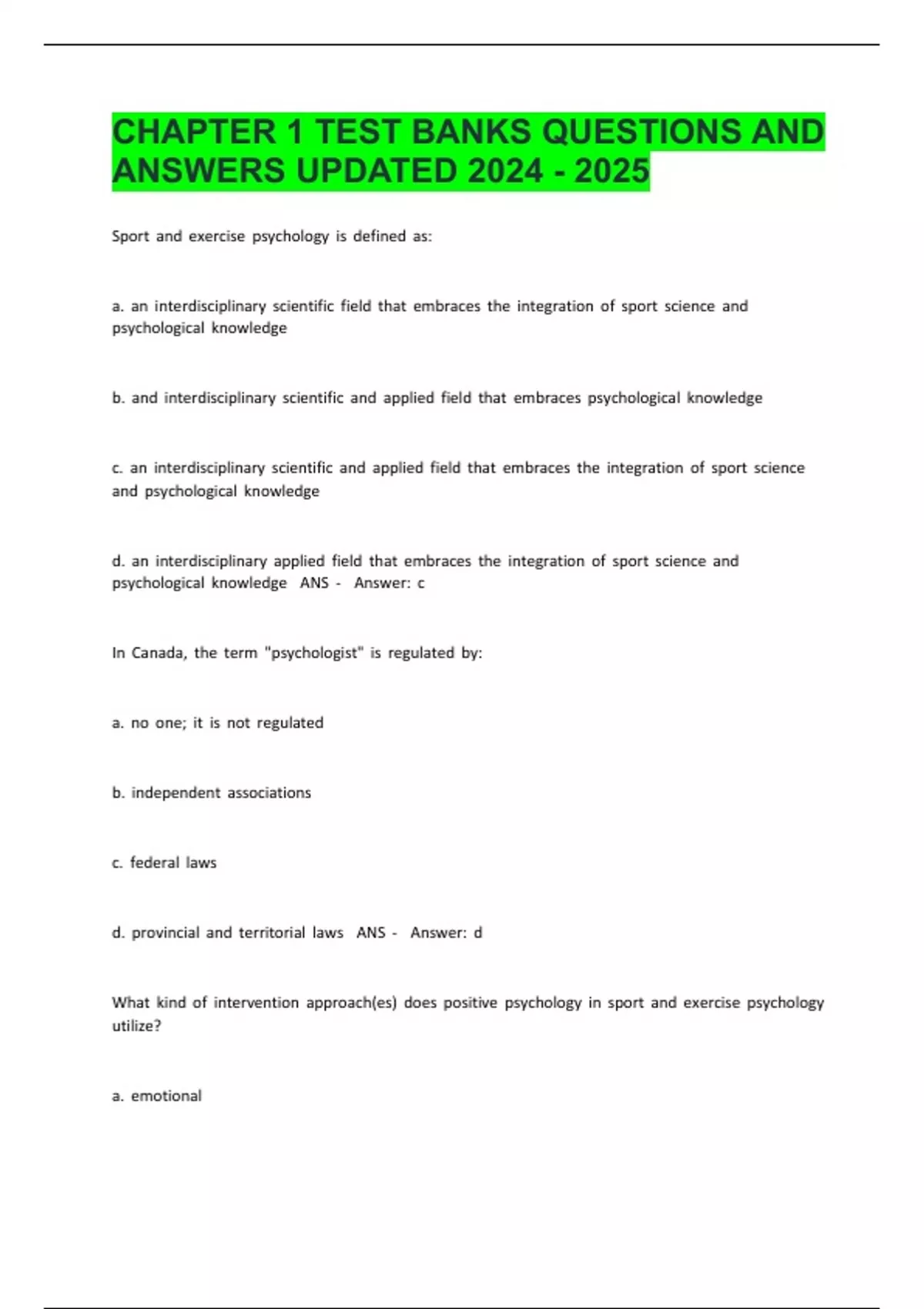 CHAPTER 1 TEST BANKS QUESTIONS AND ANSWERS UPDATED - Psychology Around ...