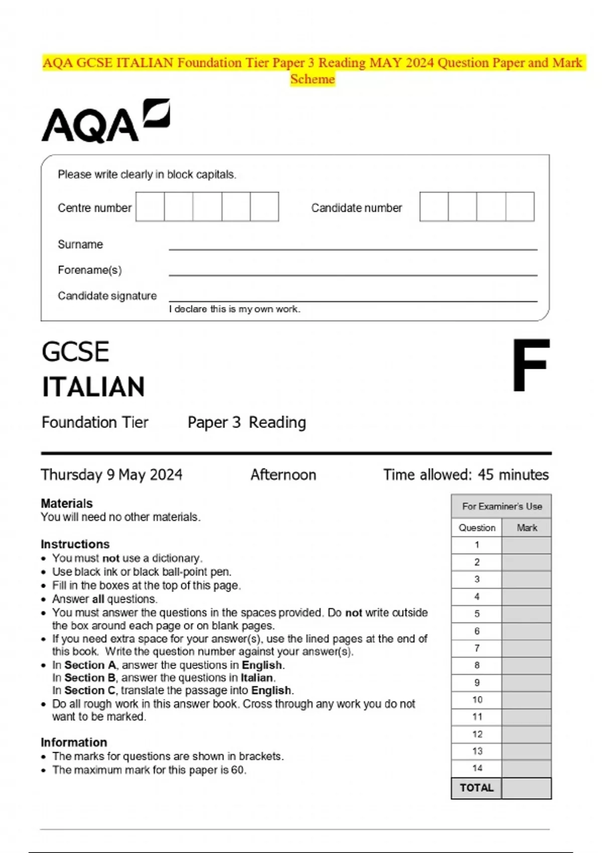 AQA GCSE ITALIAN Foundation Tier Paper 3 Reading MAY 2024 Question ...