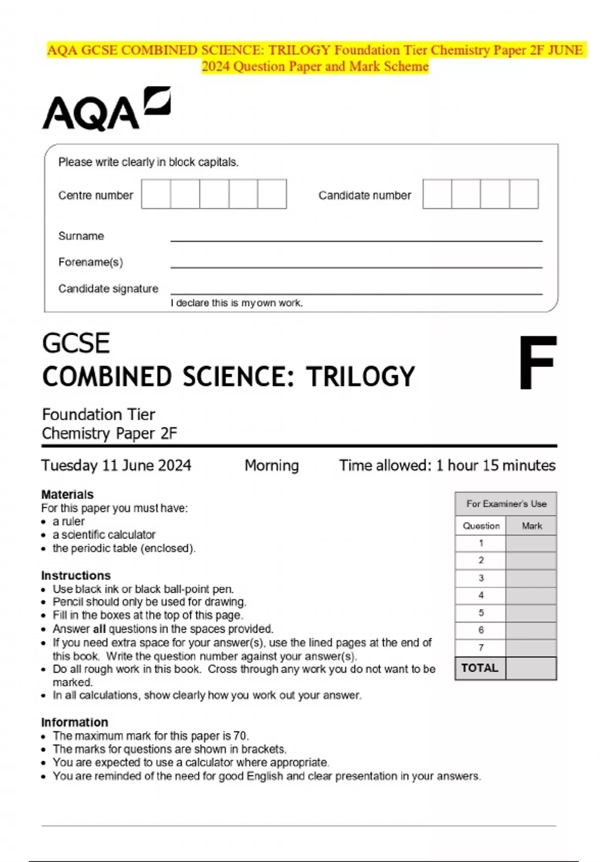 AQA GCSE COMBINED SCIENCE: TRILOGY Foundation Tier Chemistry Paper 2F ...