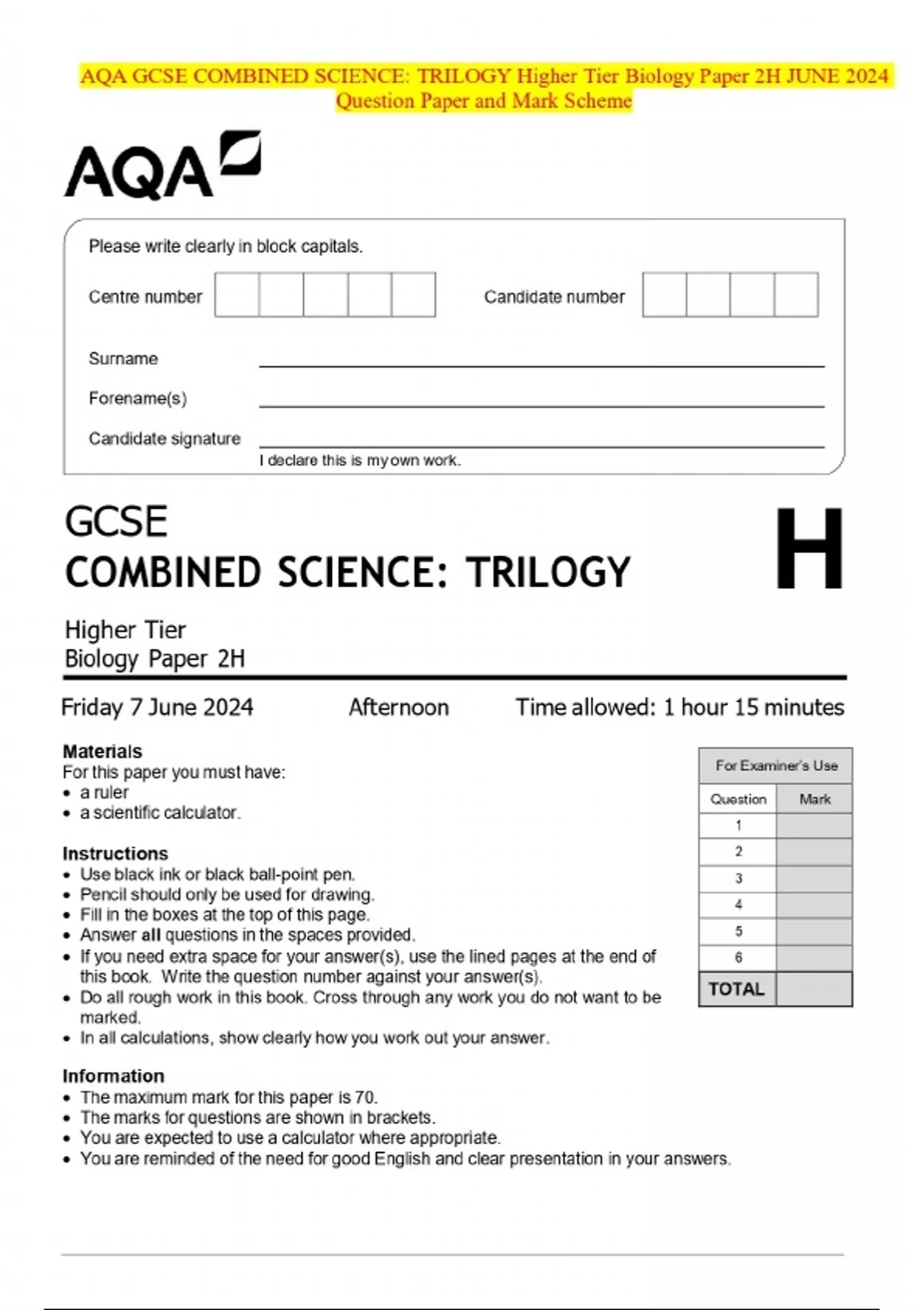 AQA GCSE COMBINED SCIENCE: TRILOGY Higher Tier Biology Paper 2H JUNE ...