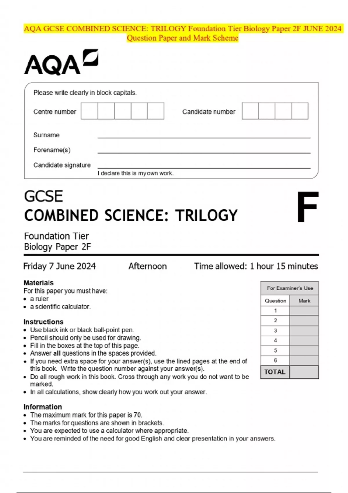 AQA GCSE COMBINED SCIENCE: TRILOGY Foundation Tier Biology Paper 2F ...