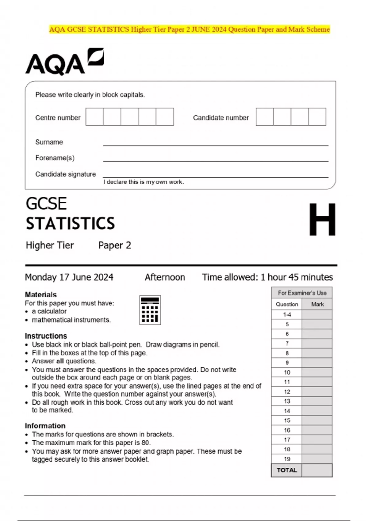 AQA GCSE STATISTICS Higher Tier Paper 2 JUNE 2024 Question Paper and ...