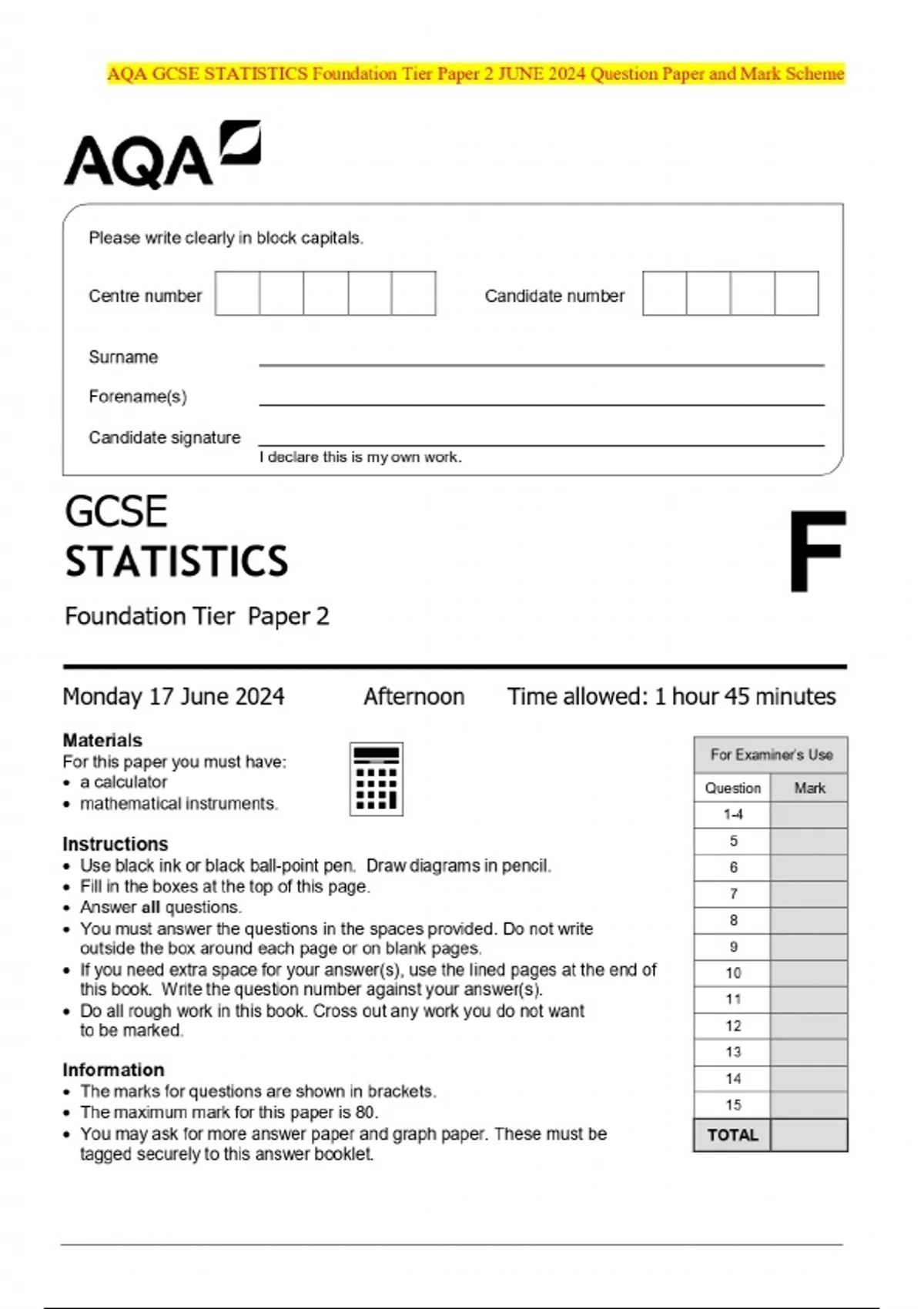 AQA GCSE STATISTICS Foundation Tier Paper 2 JUNE 2024 Question Paper ...