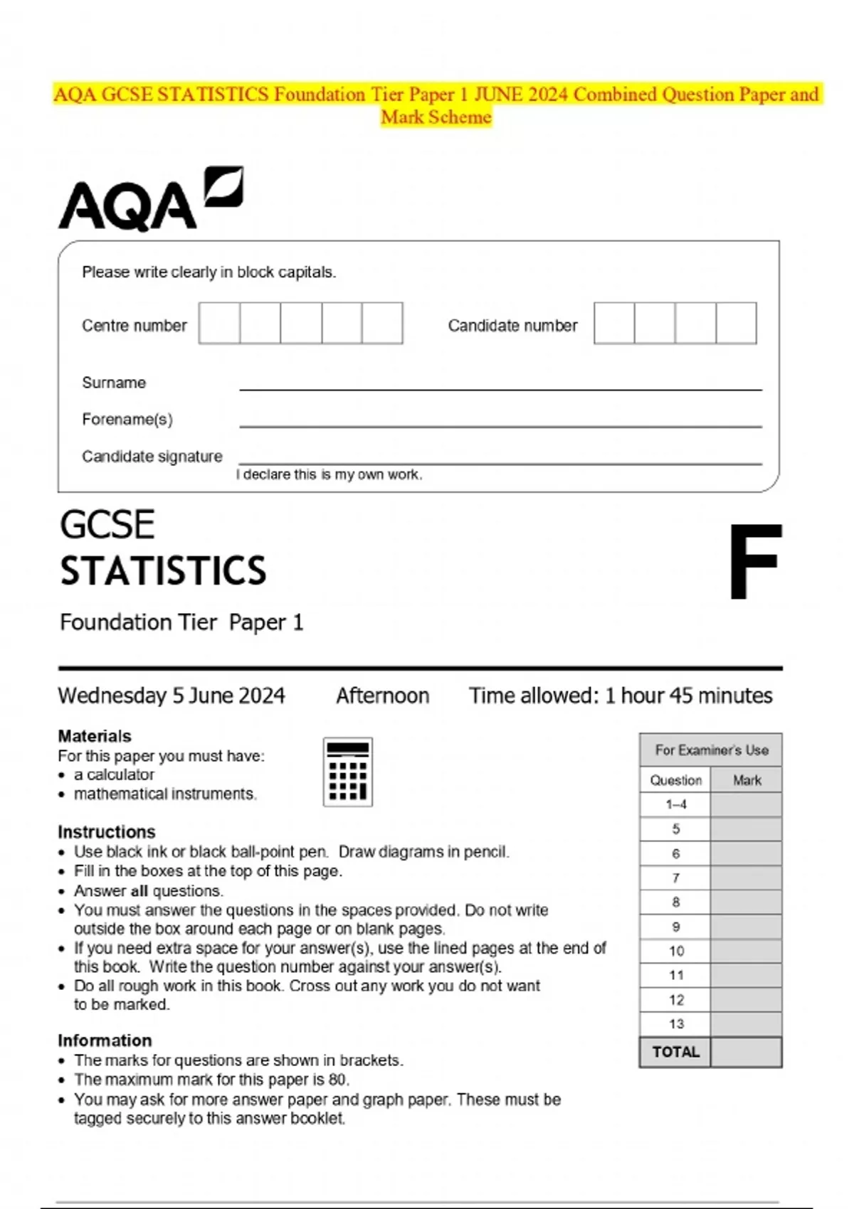 AQA GCSE STATISTICS Foundation Tier Paper 1 JUNE 2024 Combined Question ...