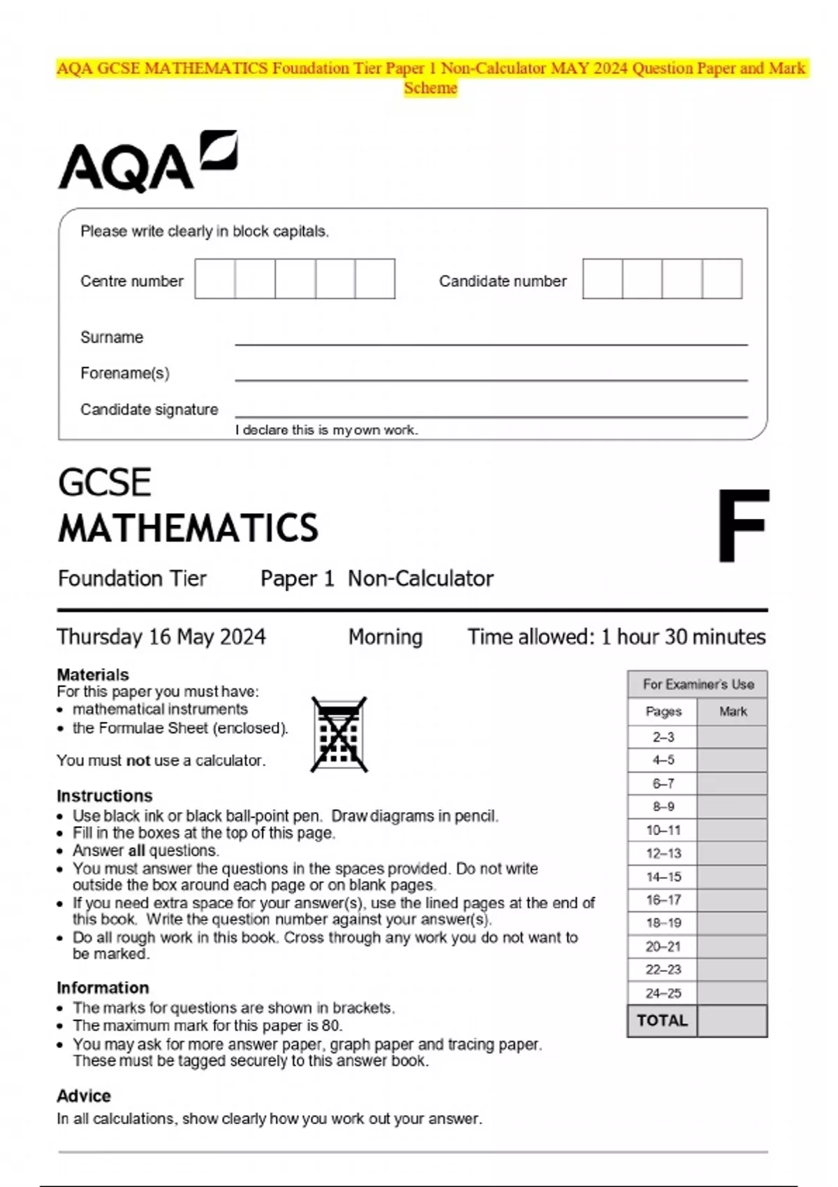 AQA GCSE MATHEMATICS Foundation Tier Paper 1 Non-Calculator MAY 2024 ...