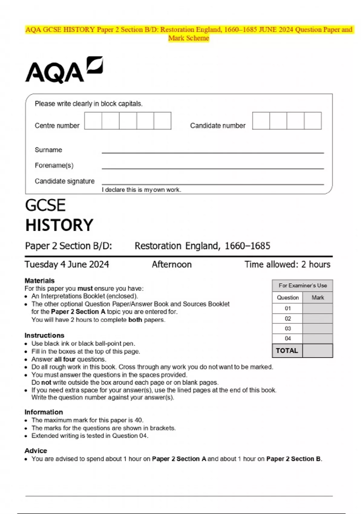 AQA GCSE HISTORY Paper 2 Section B/D: Restoration England, 1660–1685 ...