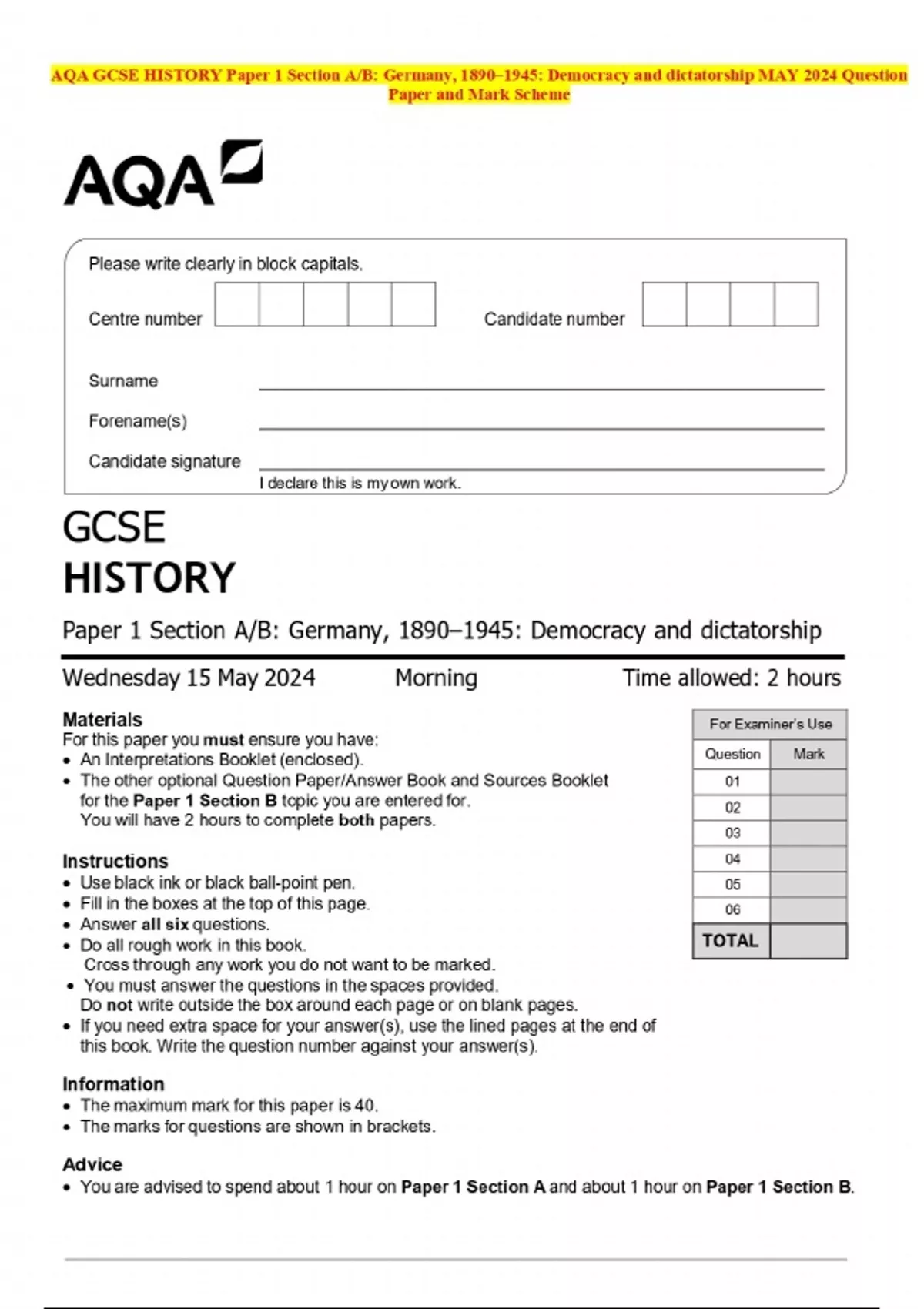 AQA GCSE HISTORY Paper 1 Section A/B: Germany, 1890–1945: Democracy and ...