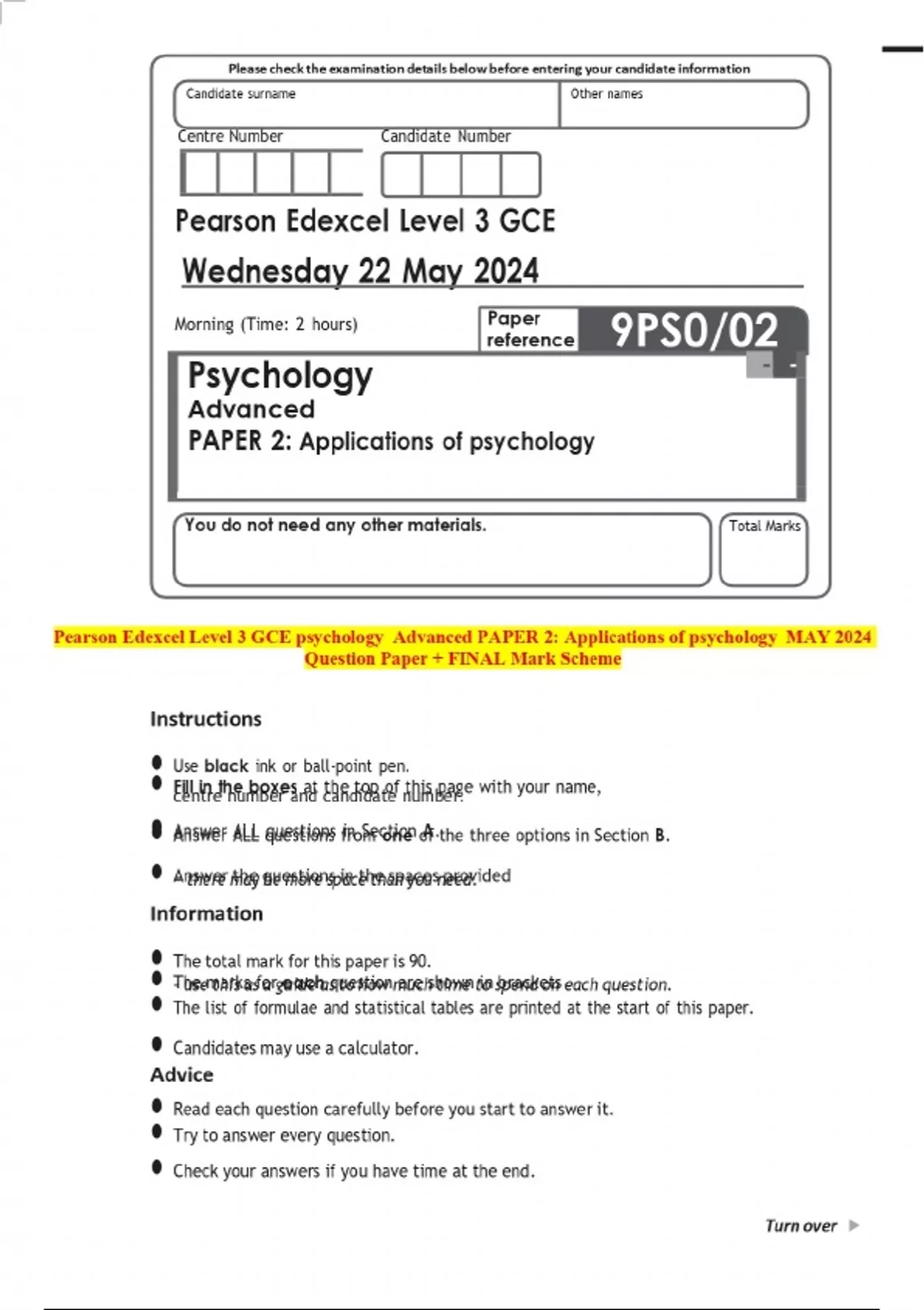 Pearson Edexcel Level 3 GCE psychology Advanced PAPER 2: Applications ...