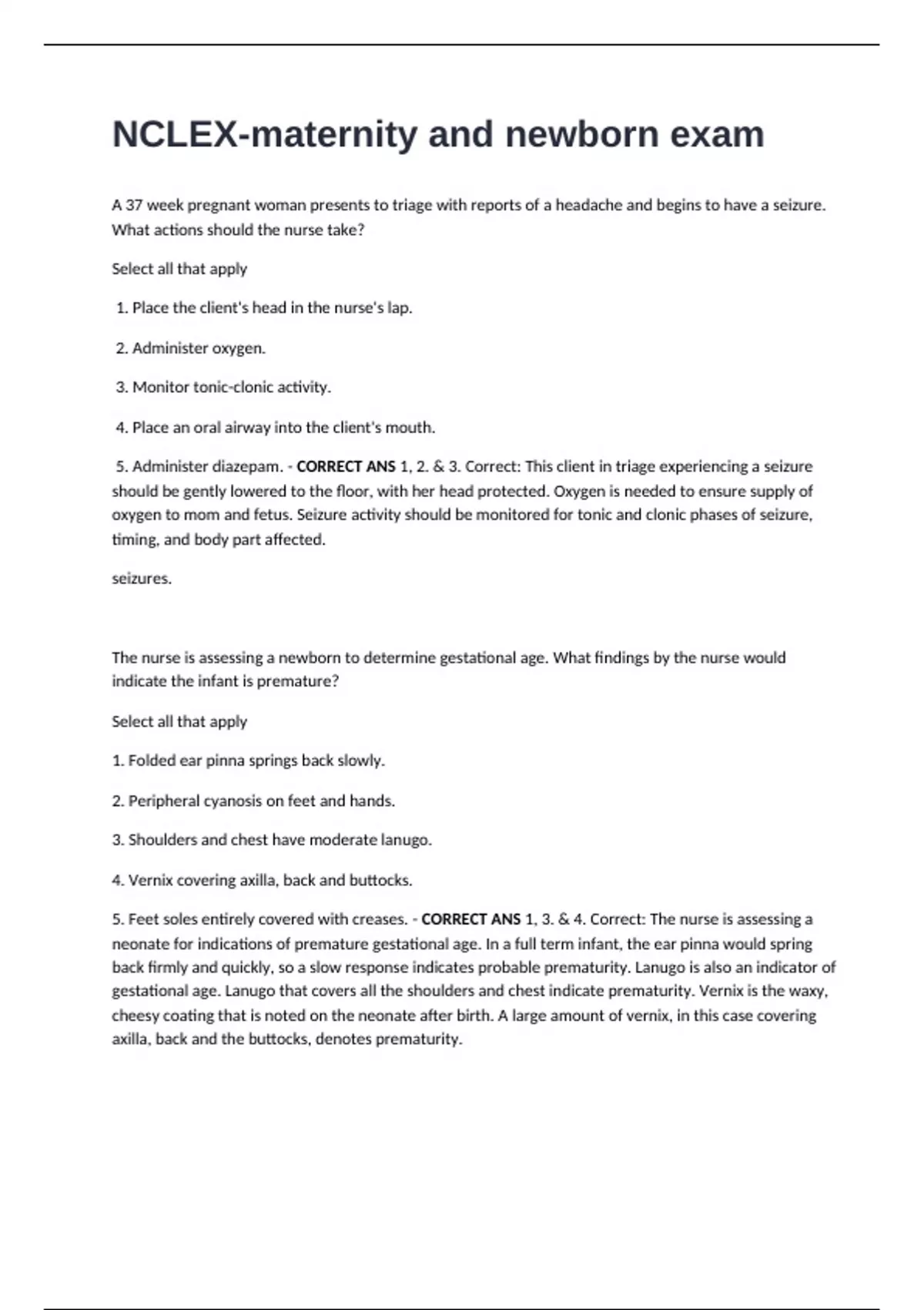 NCLEX-maternity and newborn exam 2024/2025 - NCLEX-maternity and ...