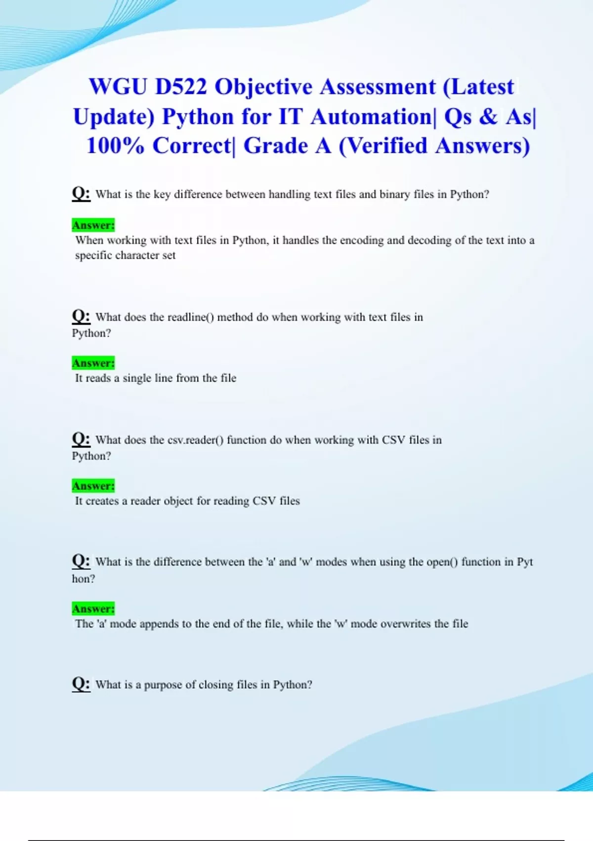 WGU D522 Objective Assessment (Latest 2024/ 2025 Update) Python for IT ...