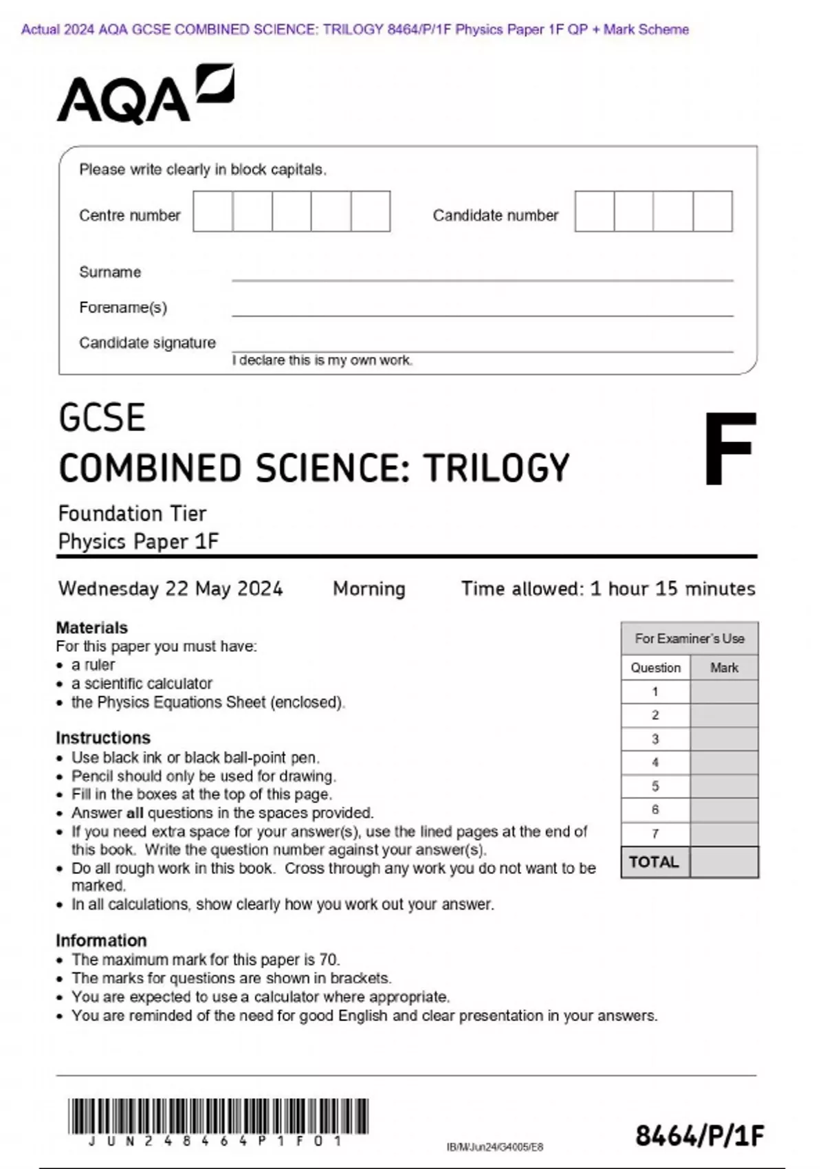 Actual 2024 AQA GCSE COMBINED SCIENCE: TRILOGY 8464/P/1F Physics Paper 1F QP + Mark Scheme - AQA ...