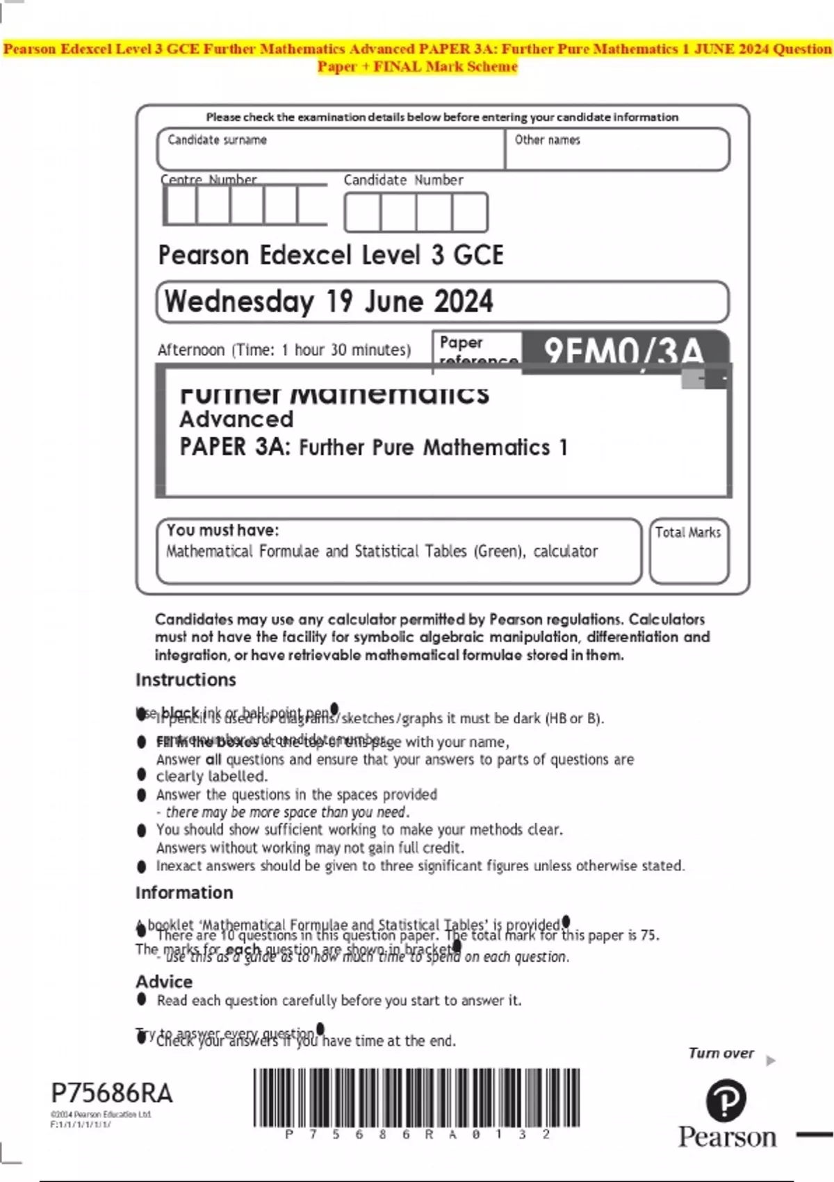 Pearson Edexcel Level 3 GCE Further Mathematics Advanced PAPER 3A ...