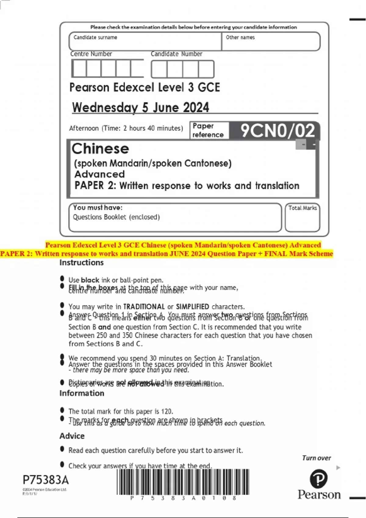 Pearson Edexcel Level 3 GCE Chinese (spoken Mandarin/spoken Cantonese ...