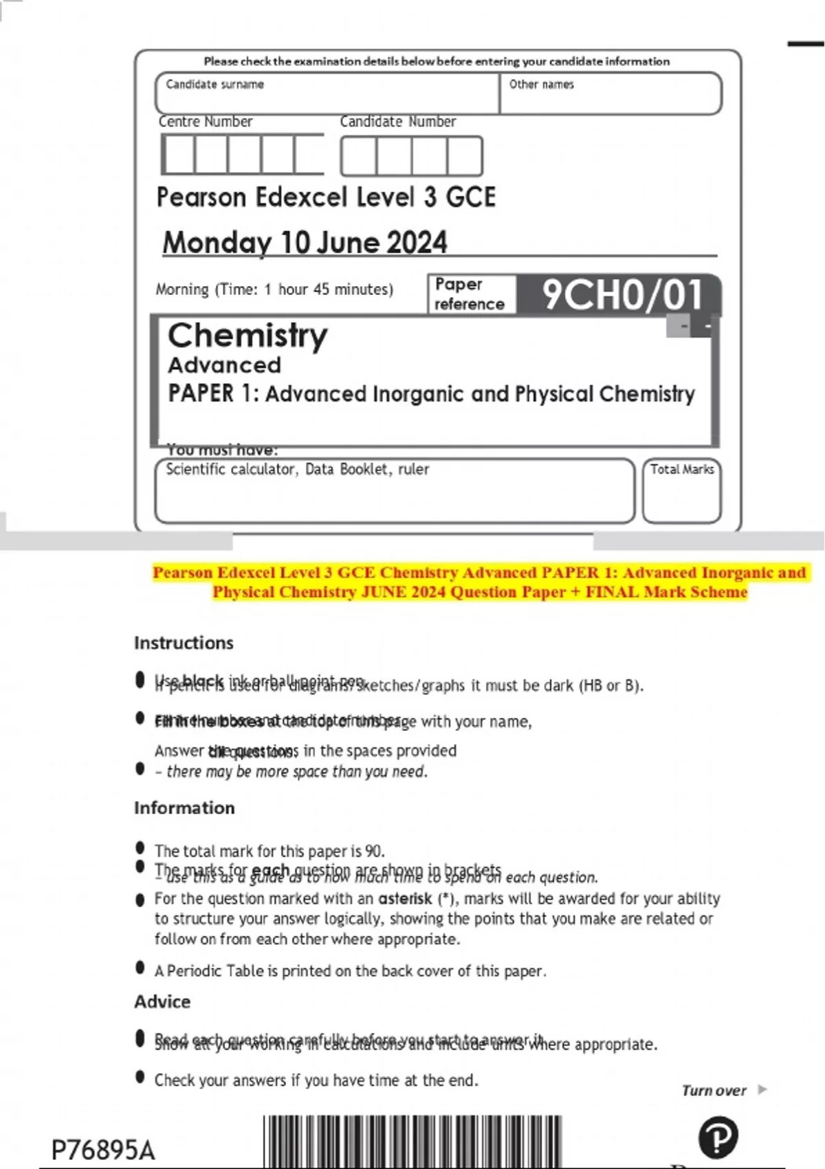 Pearson Edexcel Level 3 GCE Chemistry Advanced PAPER 1: Advanced Inorganic and Physical ...