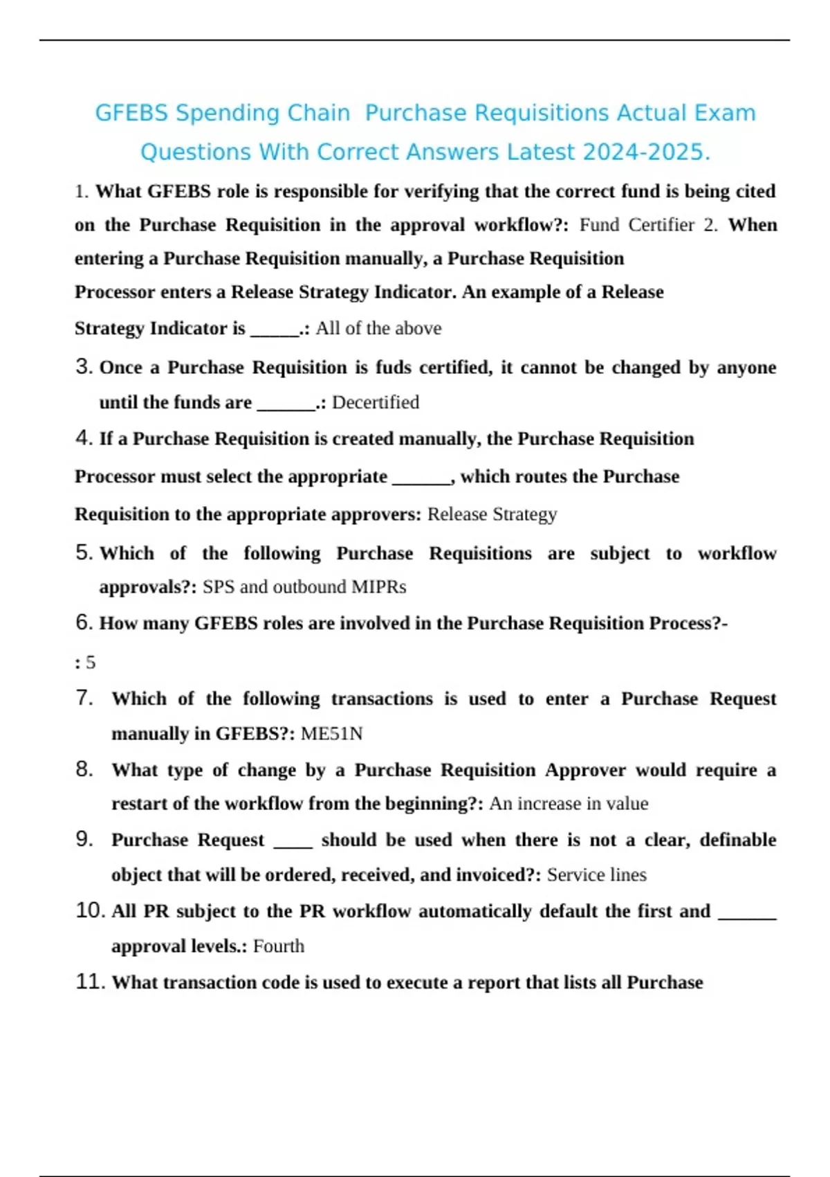 GFEBS Spending Chain Purchase Requisitions Actual Exam Questions With ...