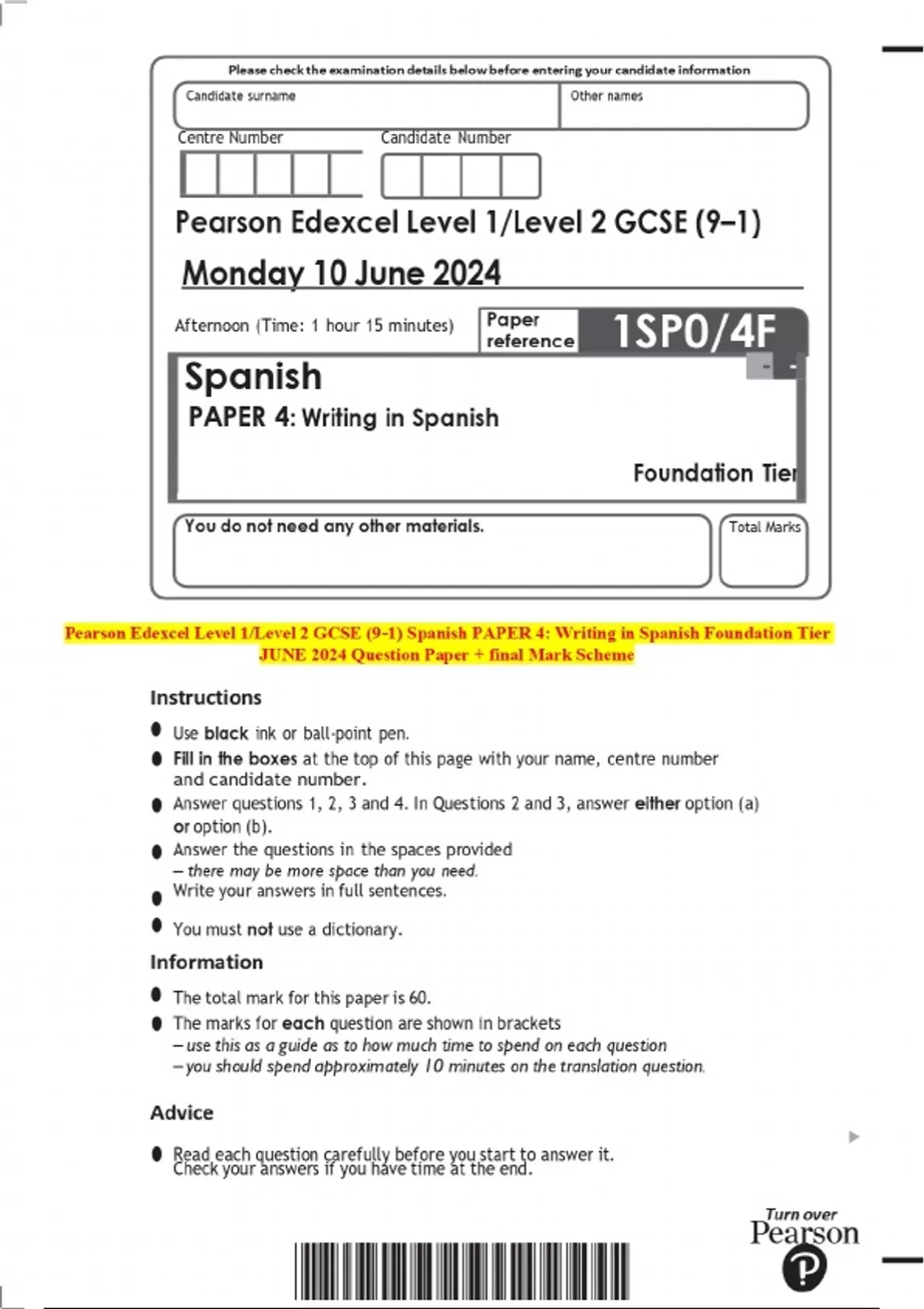 Pearson Edexcel Level 1/Level 2 GCSE (9–1) Spanish PAPER 4: Writing in ...