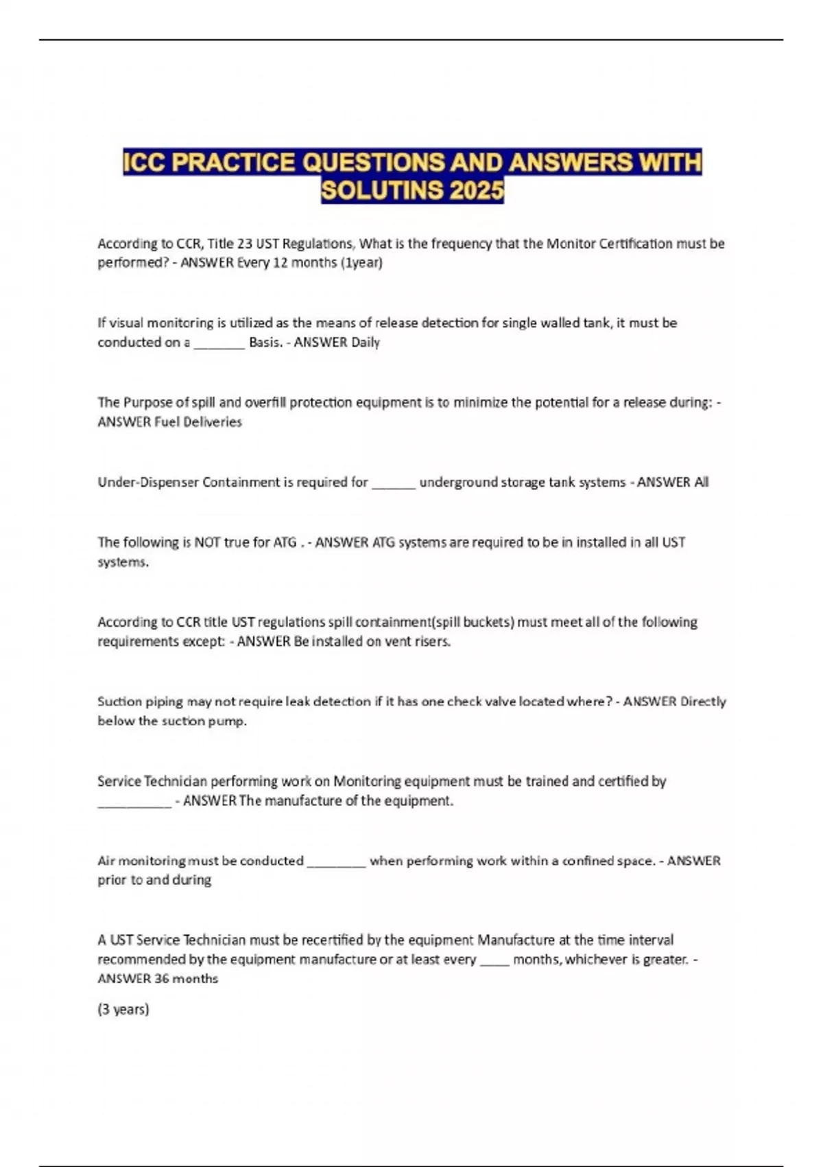 ICC PRACTICE QUESTIONS AND ANSWERS WITH SOLUTINS 2025 - ICC CALIFORNIA UST SERVICE TECHNICIAN ...