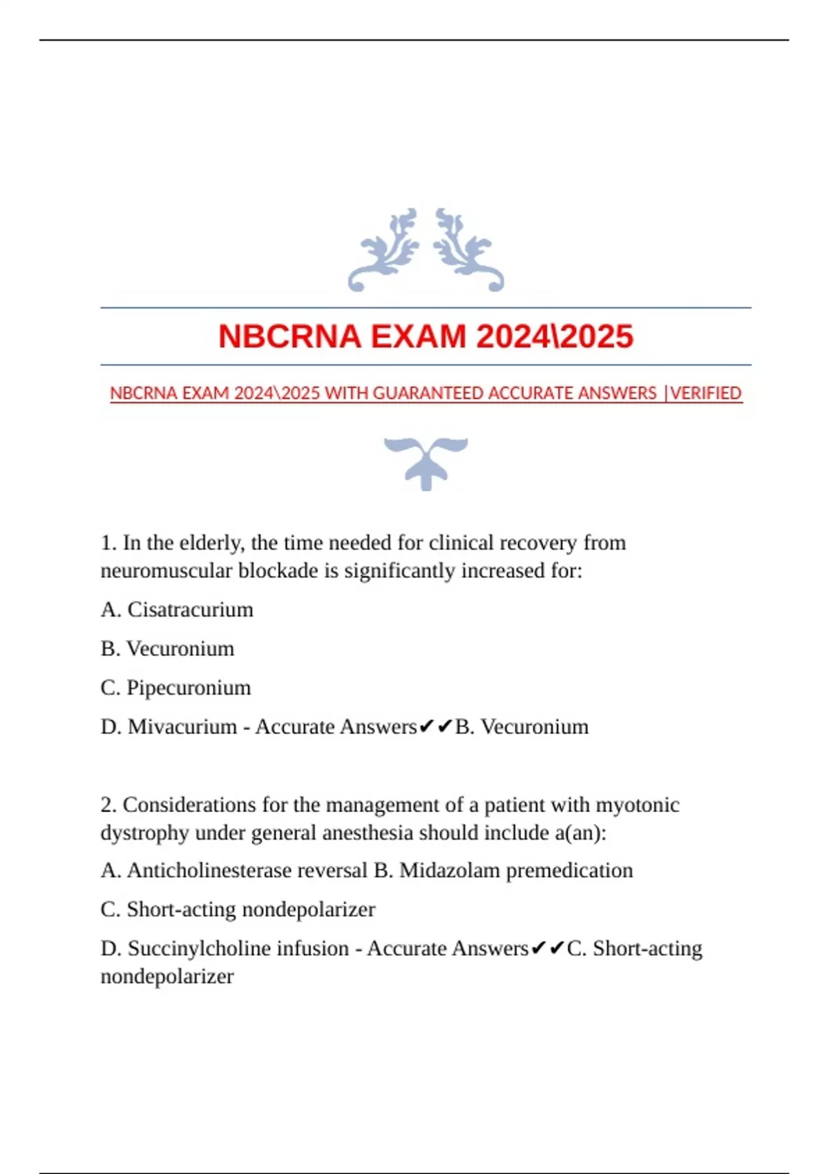 NBCRNA EXAM WITH GUARANTEED ACCURATE ANSWERS |VERIFIED - NBCRNA - Stuvia US