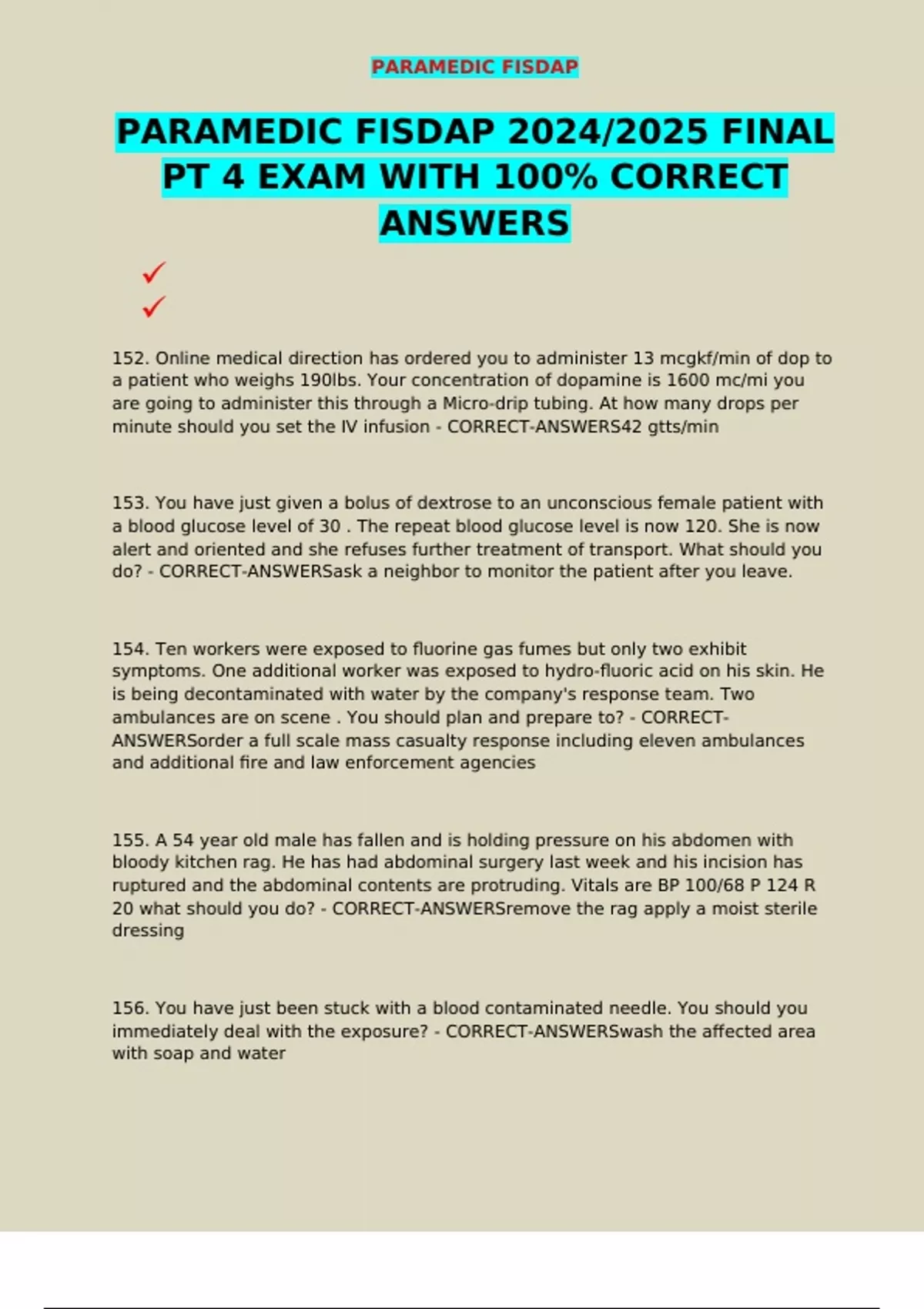 PARAMEDIC FISDAP 2024/2025 FINAL PT 4 EXAM WITH 100% CORRECT ANSWERS ...