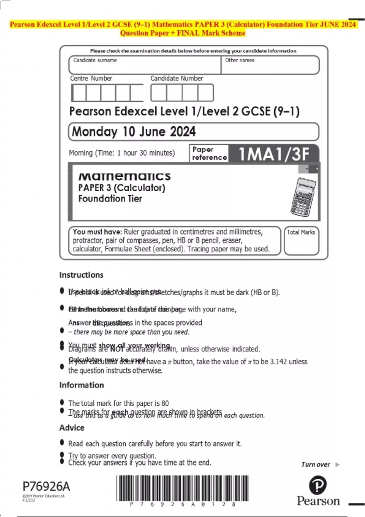Pearson Edexcel Level 1/Level 2 GCSE (9–1) Mathematics PAPER 3 ...