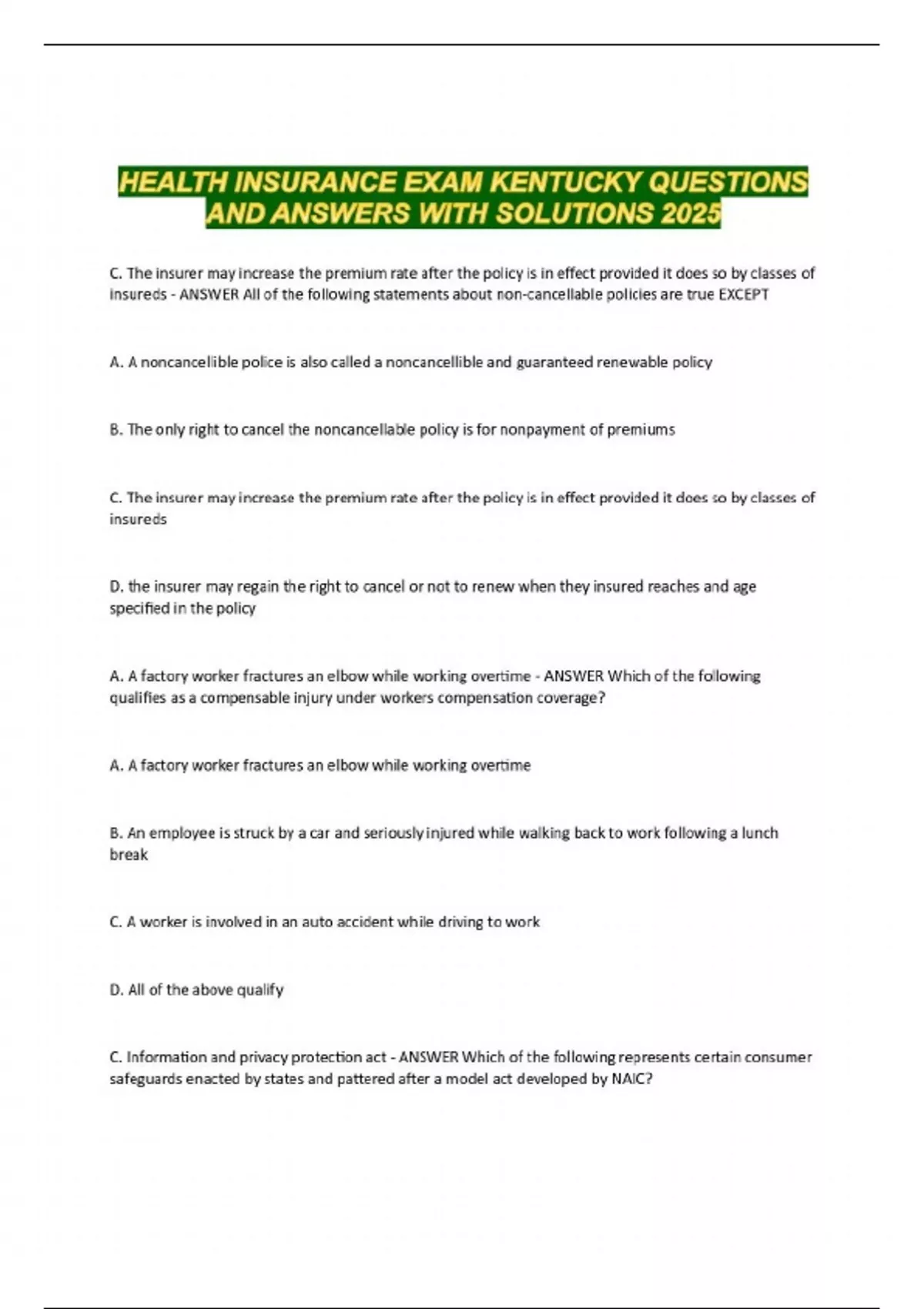 HEALTH INSURANCE EXAM KENTUCKY QUESTIONS AND ANSWERS WITH SOLUTIONS ...