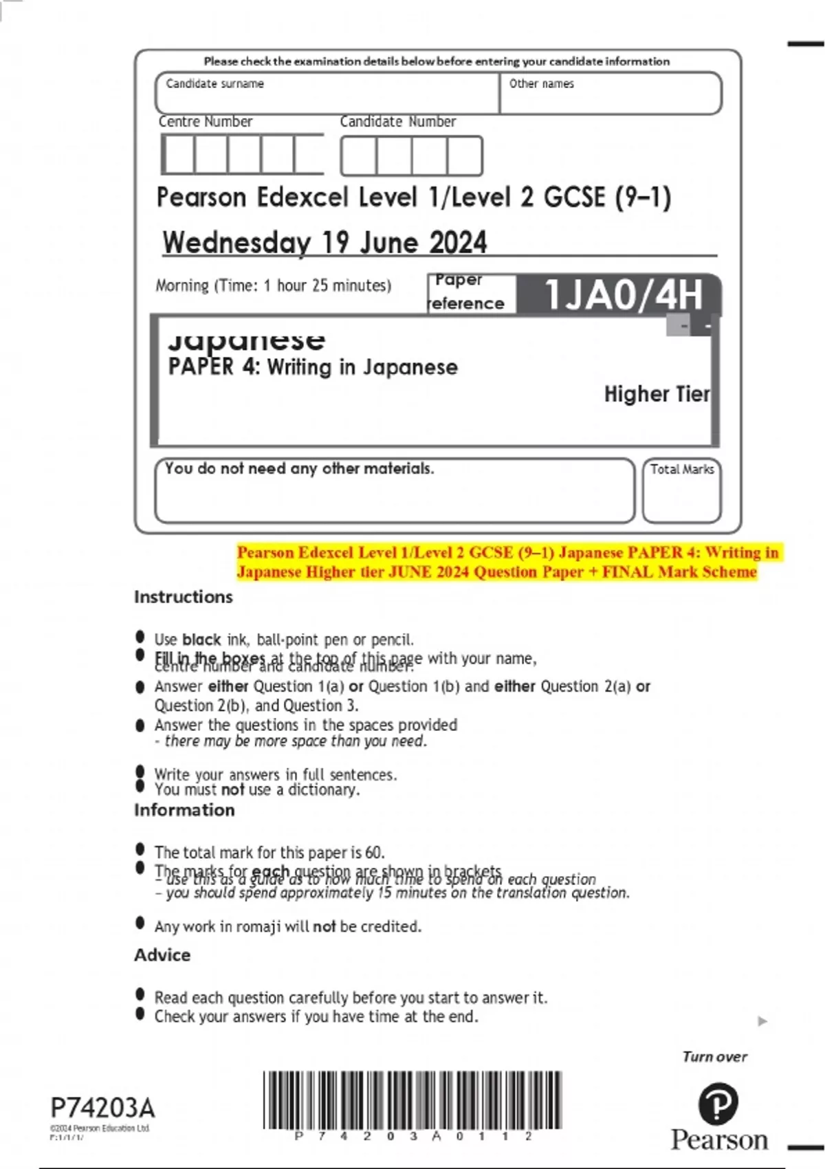 Pearson Edexcel Level 1/Level 2 GCSE (9–1) Japanese PAPER 4: Writing in ...