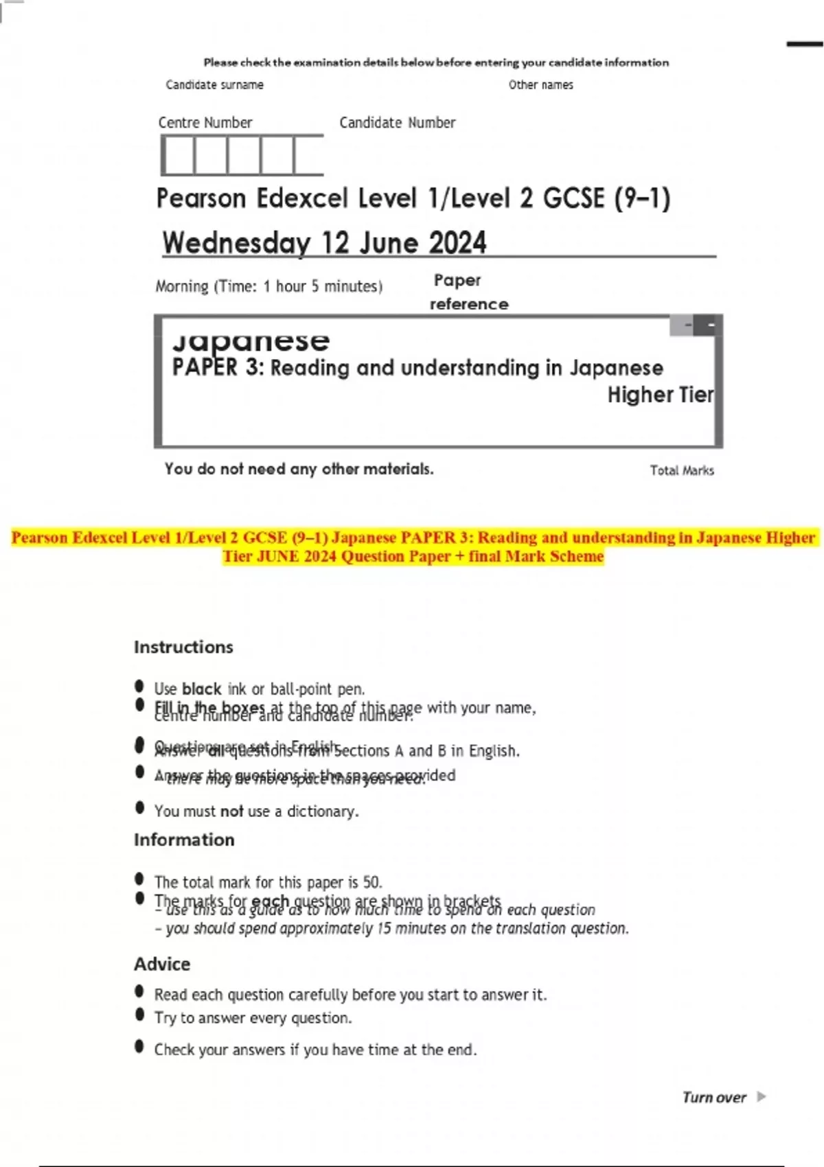 Pearson Edexcel Level 1/Level 2 GCSE (9–1) Japanese PAPER 3: Reading ...