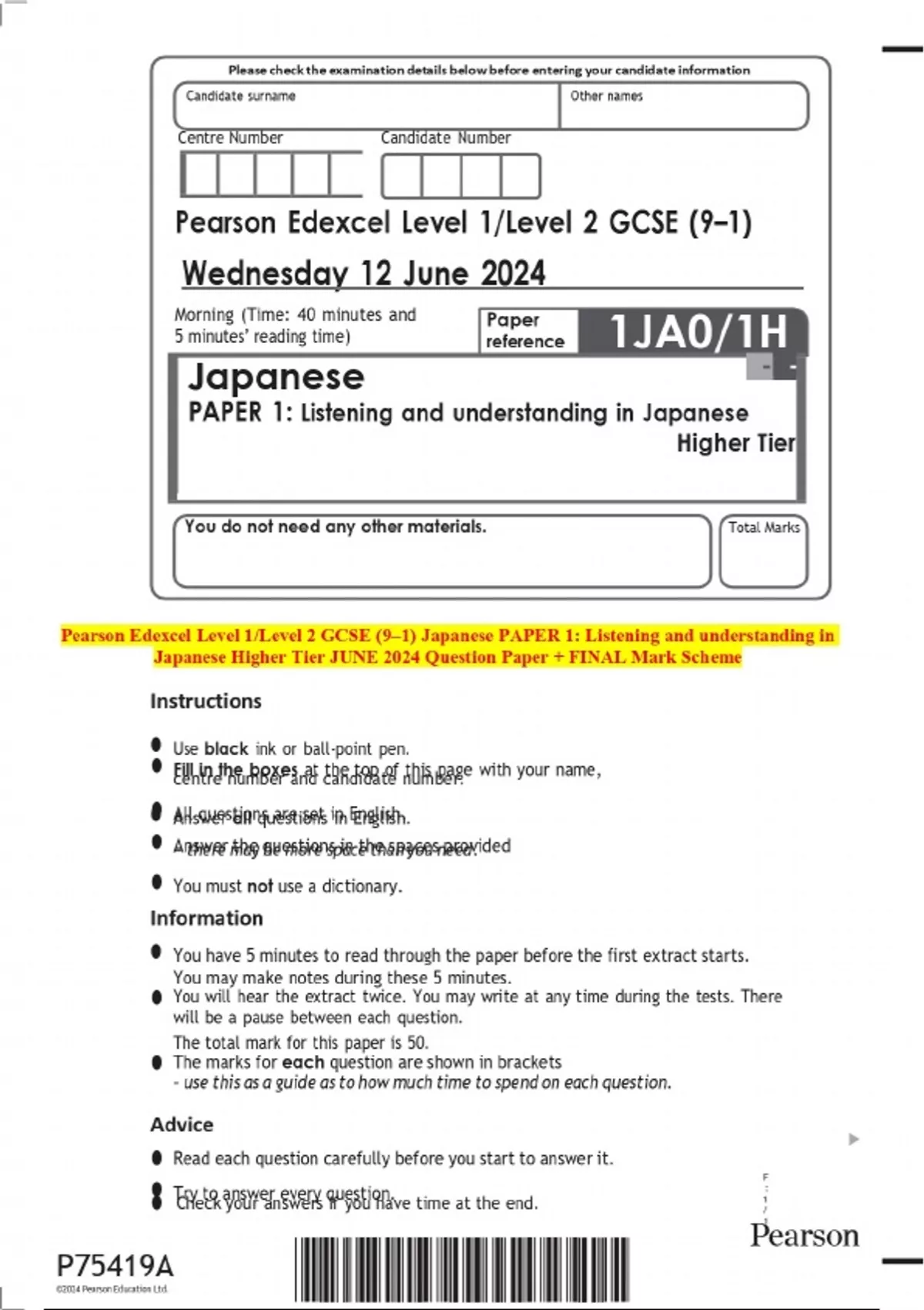 Pearson Edexcel Level 1/Level 2 GCSE (9–1) Japanese PAPER 1: Listening ...