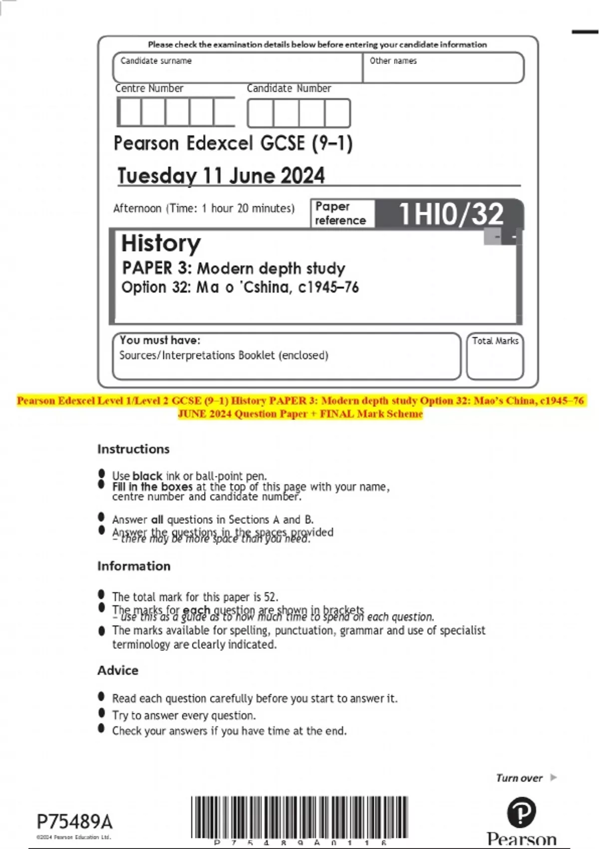 Pearson Edexcel Level 1/Level 2 GCSE (9–1) History PAPER 3: Modern ...