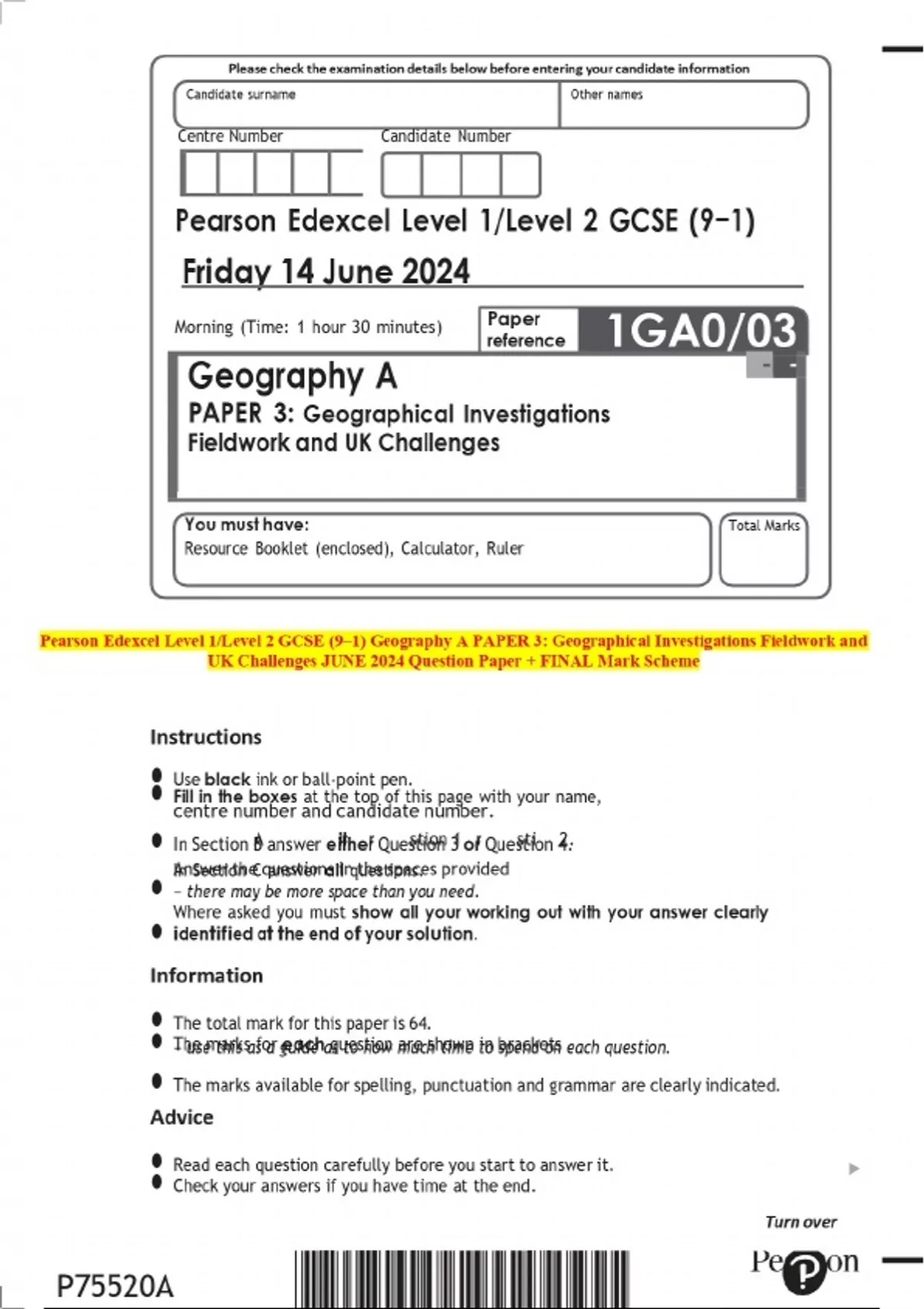 Pearson Edexcel Level 1/Level 2 GCSE (9–1) Geography A PAPER 3 ...