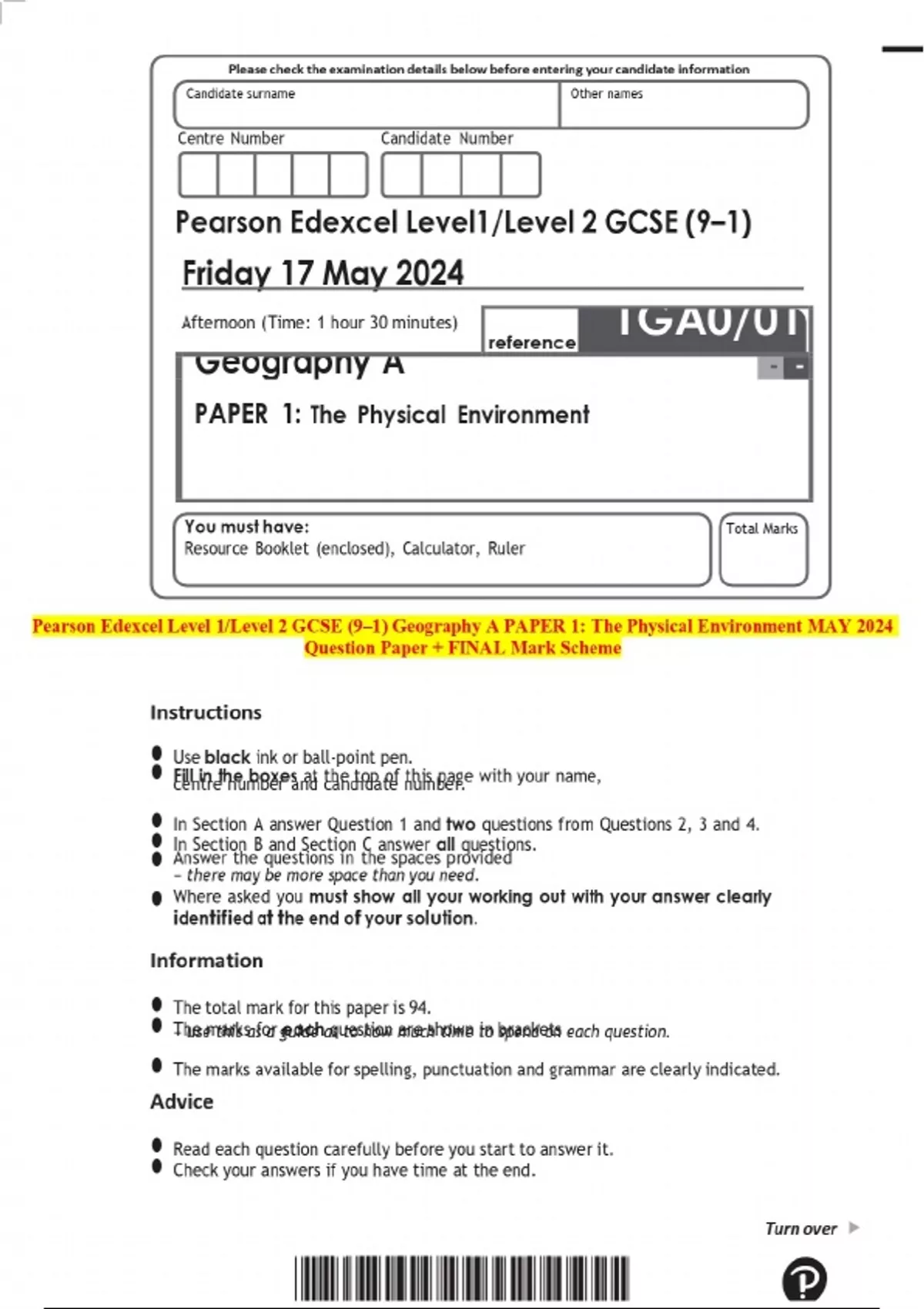 Pearson Edexcel Level 1/Level 2 GCSE (9–1) Geography A PAPER 1: The ...