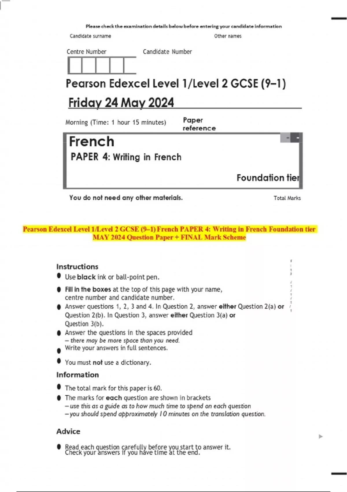 Pearson Edexcel Level 1/Level 2 GCSE (9–1) French PAPER 4: Writing in ...