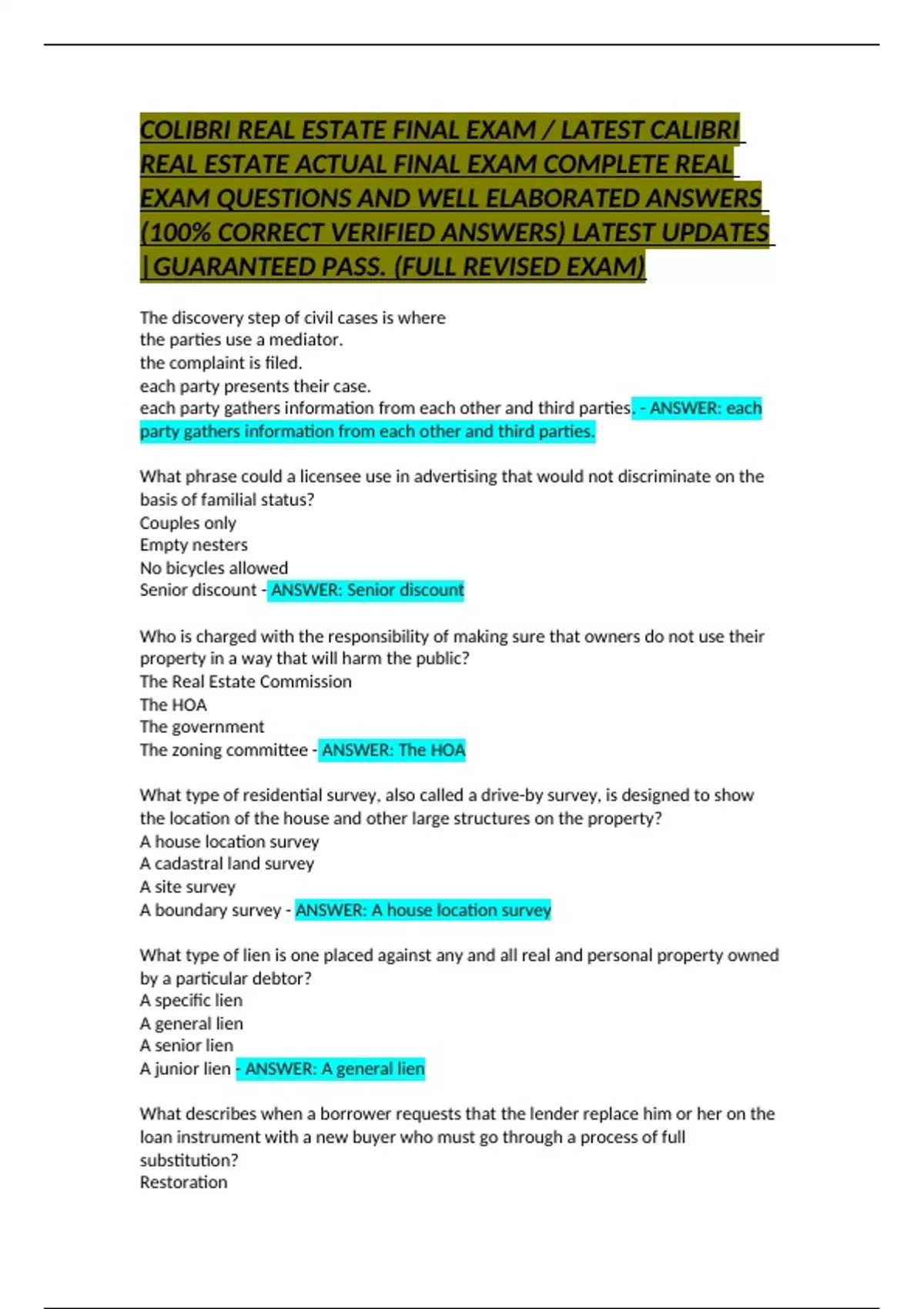 COLIBRI REAL ESTATE FINAL EXAM / LATEST CALIBRI REAL ESTATE ACTUAL ...