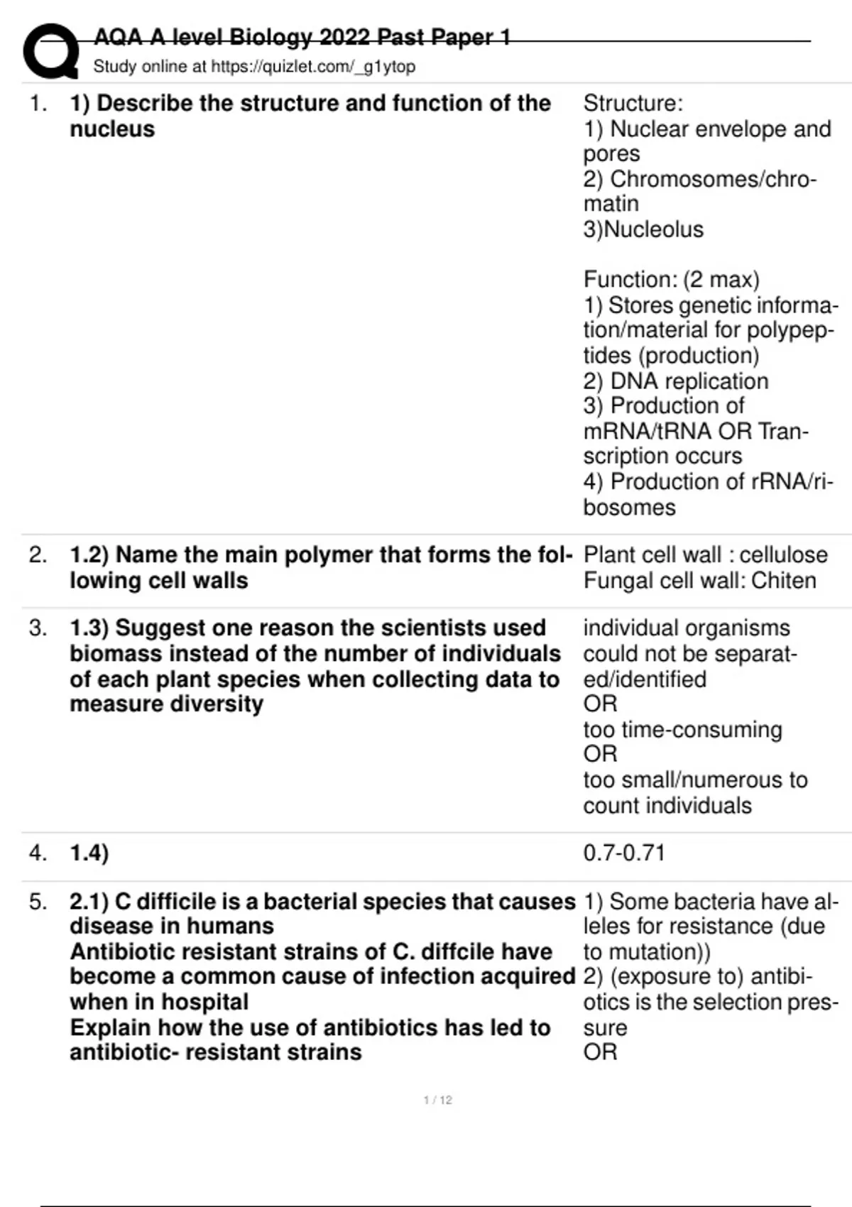 AQA A level Biology 2022 Past Paper 1 ACTUAL QUESTIONS AND CORRECT ...