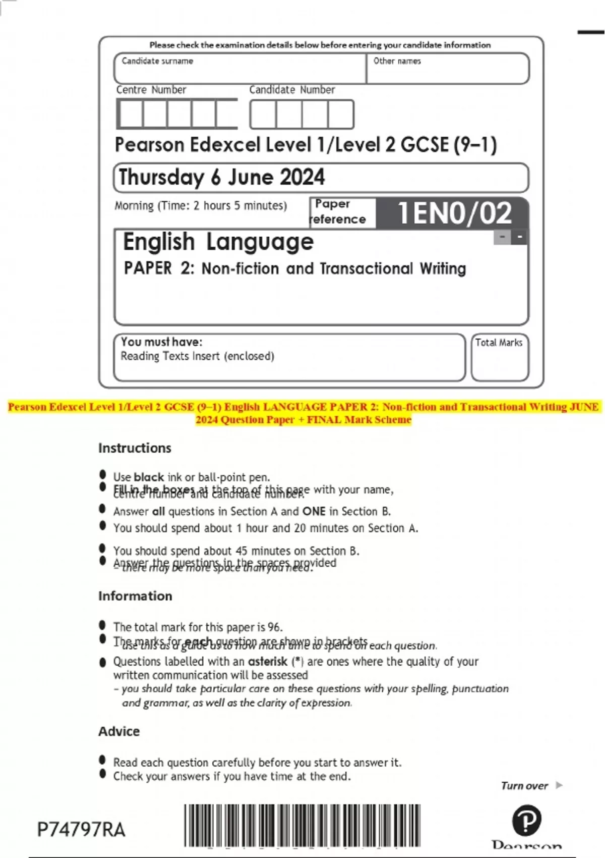 Pearson Edexcel Level 1/Level 2 GCSE (9–1) English LANGUAGE PAPER 2 ...