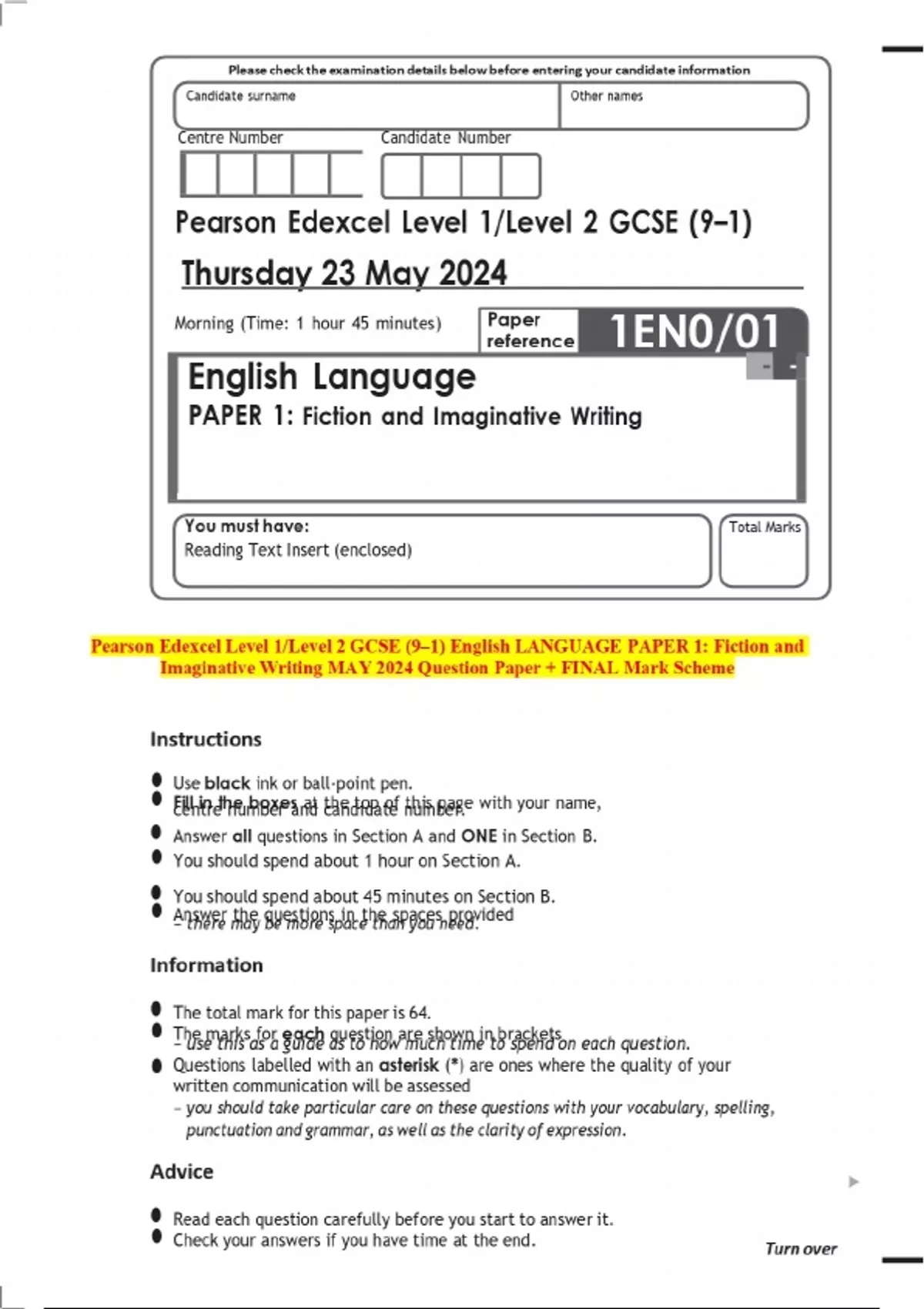 Pearson Edexcel Level 1/Level 2 GCSE (9–1) English LANGUAGE PAPER 1 ...