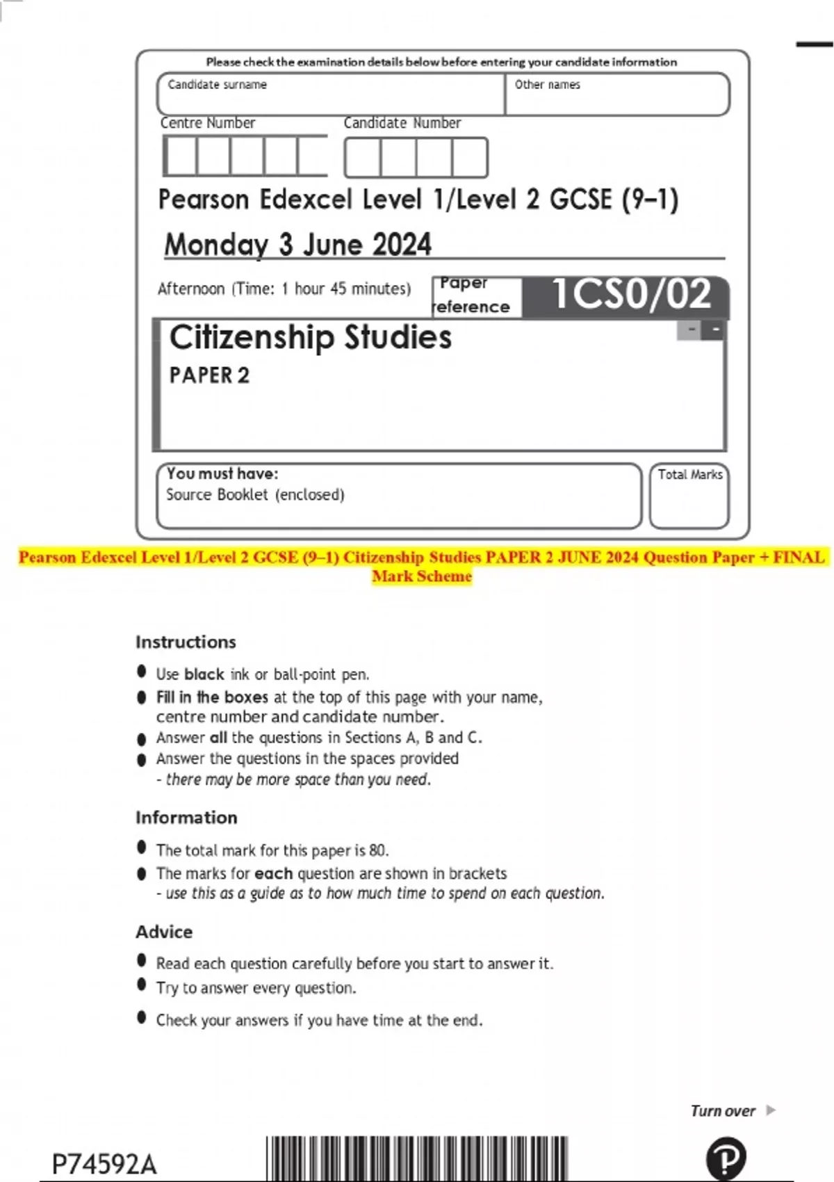 Pearson Edexcel Level 1/Level 2 GCSE (9–1) Citizenship Studies PAPER 2 ...