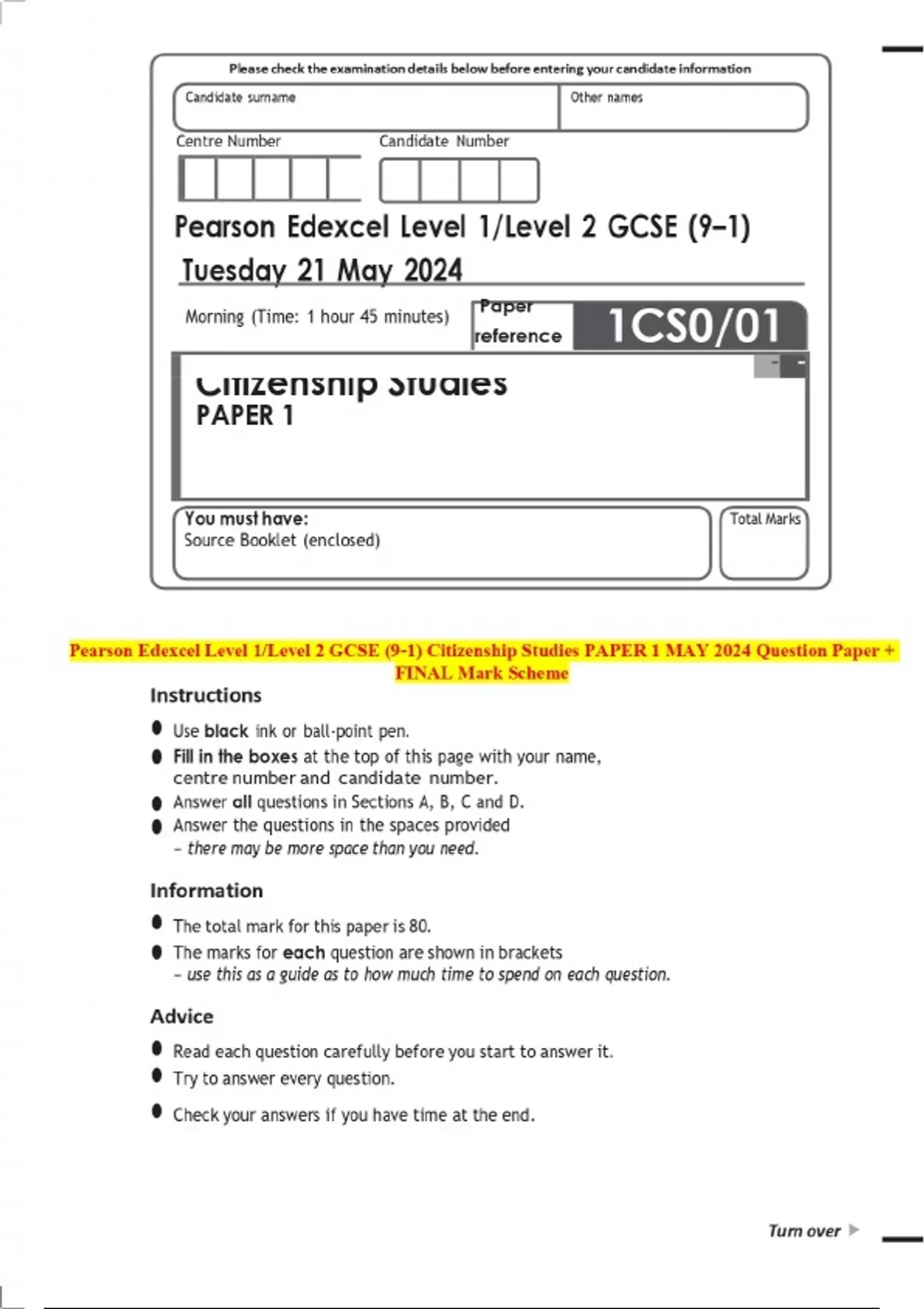 Pearson Edexcel Level 1/Level 2 GCSE (9–1) Citizenship Studies PAPER 1 ...