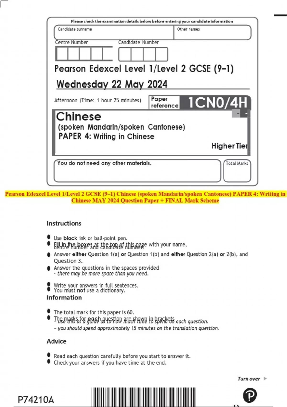 Pearson Edexcel Level 1/Level 2 GCSE (9–1) Chinese (spoken Mandarin ...