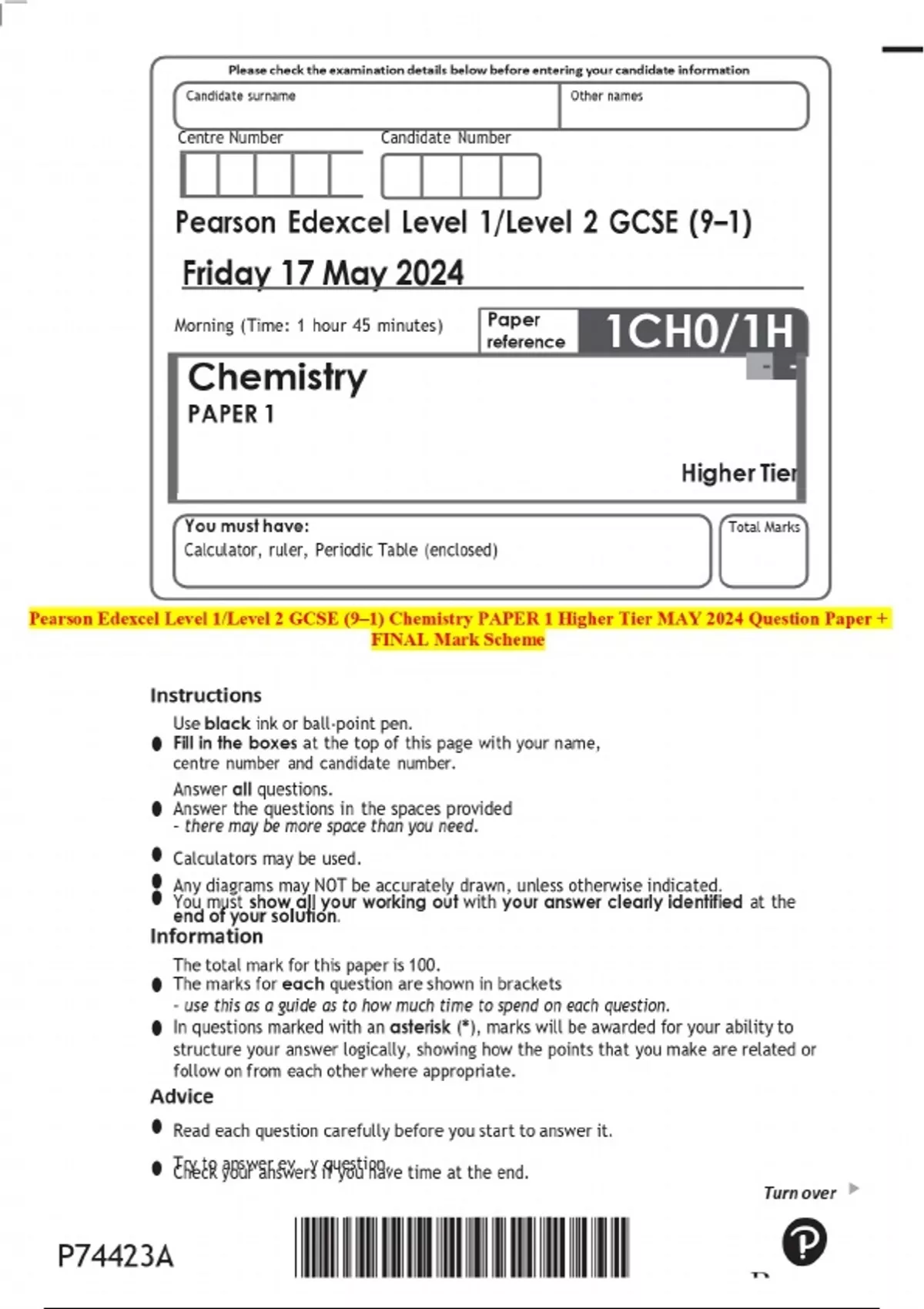 Pearson Edexcel Level 1/Level 2 GCSE (9–1) Chemistry PAPER 1 Higher ...