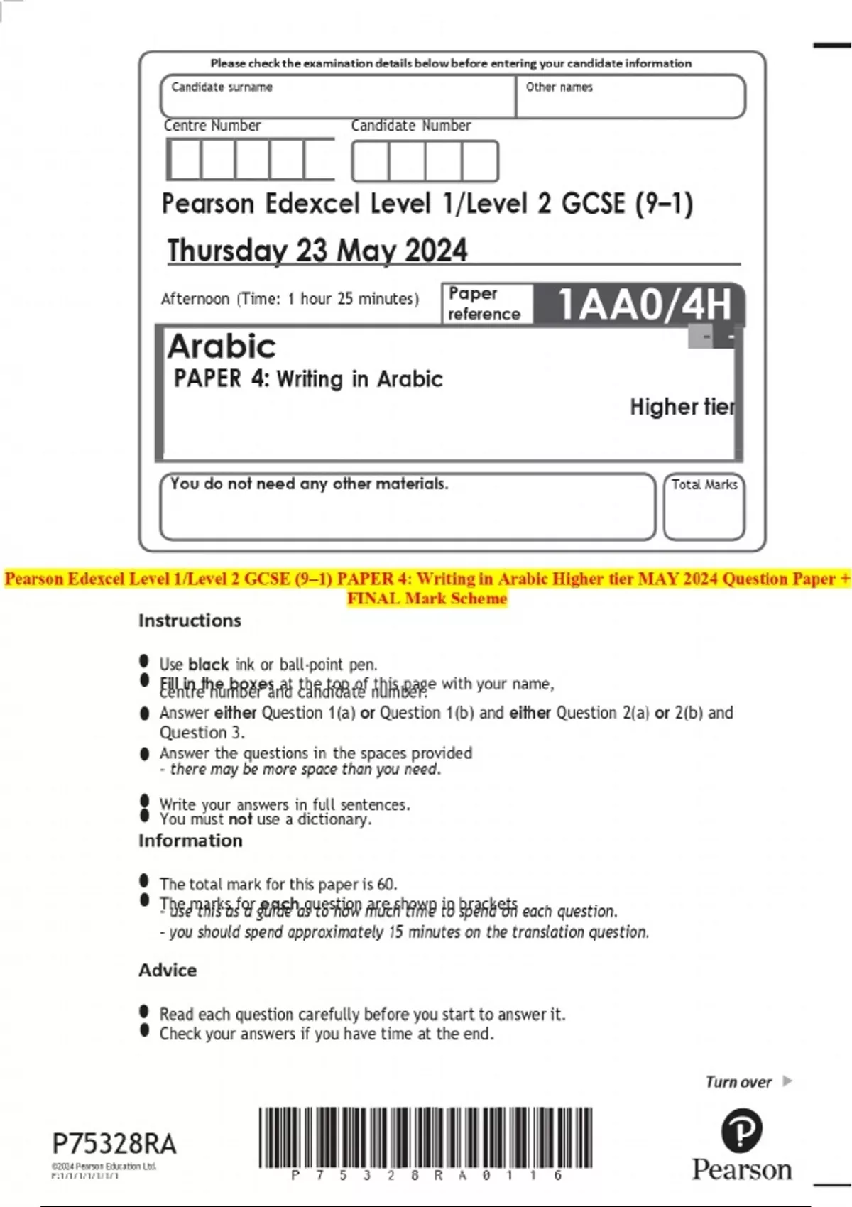 Pearson Edexcel Level 1/Level 2 GCSE (9–1) PAPER 4: Writing in Arabic ...