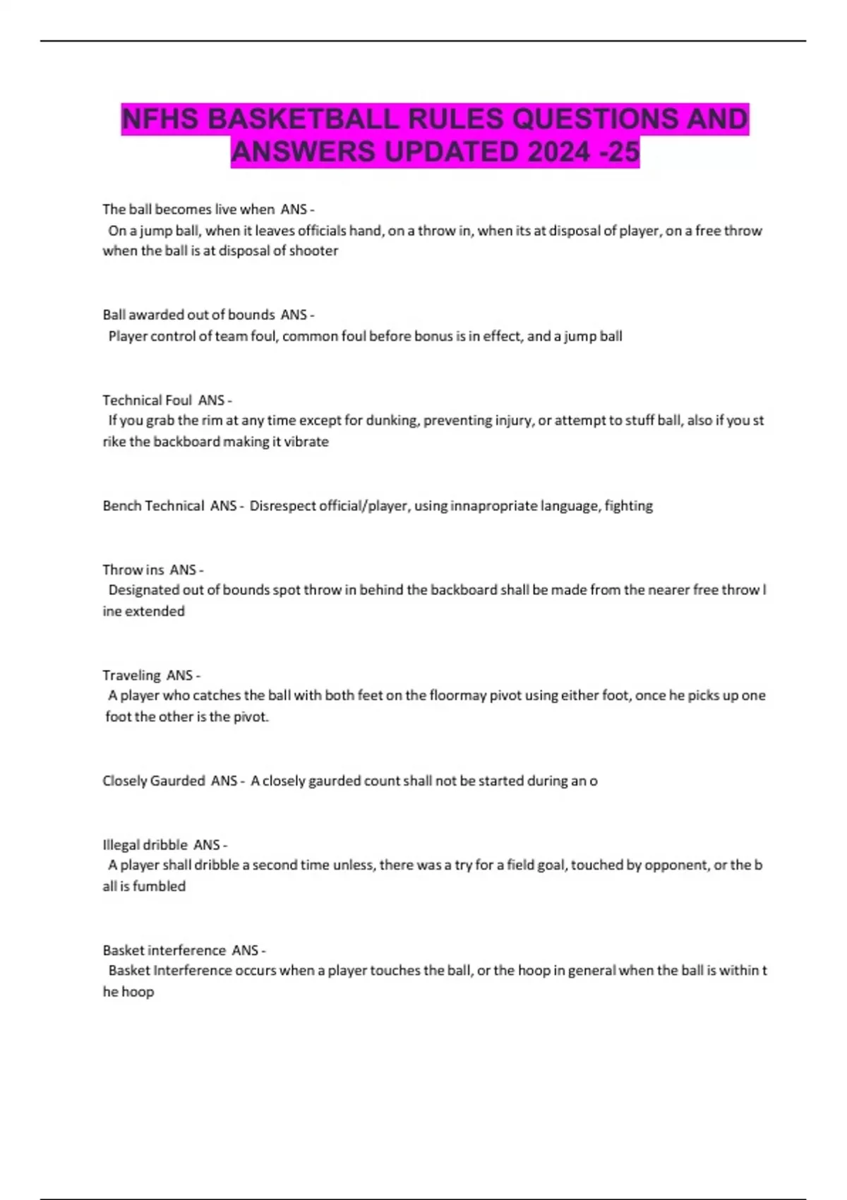 NFHS BASKETBALL RULES QUESTIONS AND ANSWERS UPDATED 2024 -25 - NFHS ...