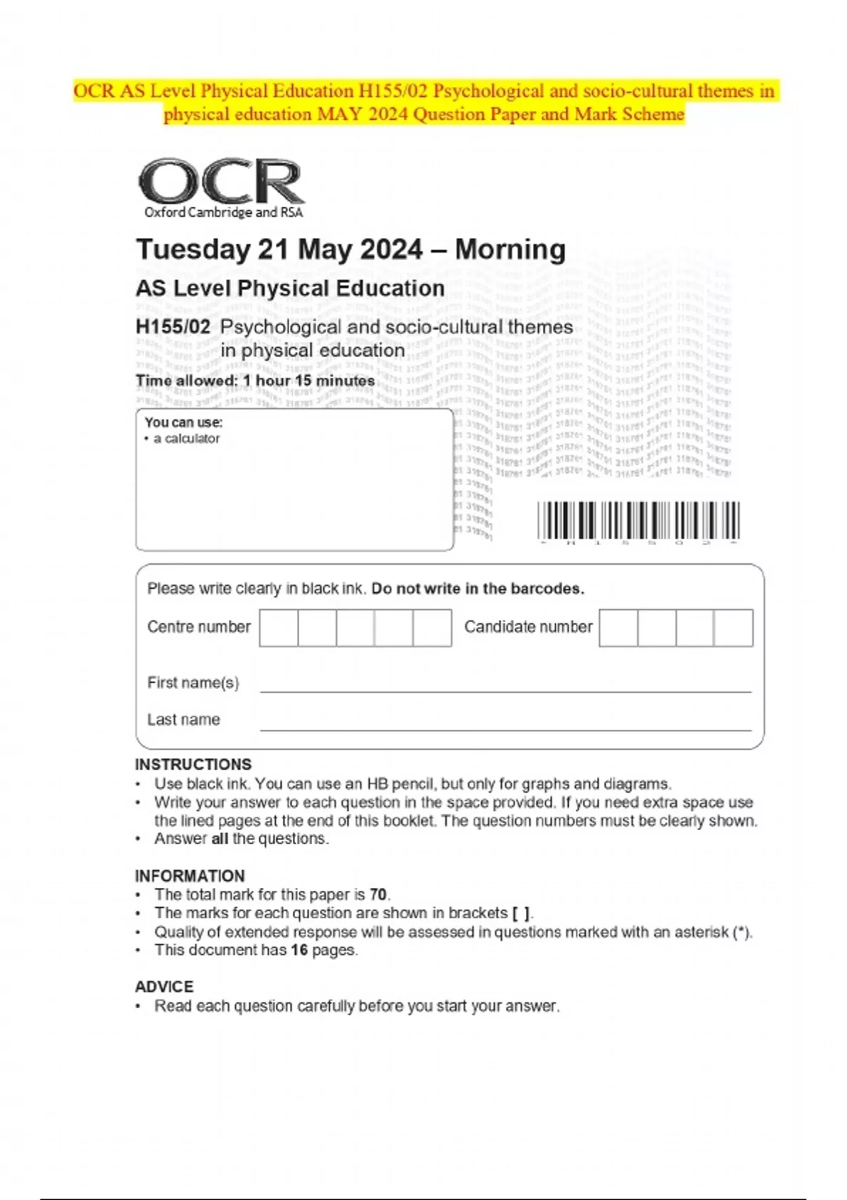 OCR AS Level Physical Education H155/02 Psychological and socio ...